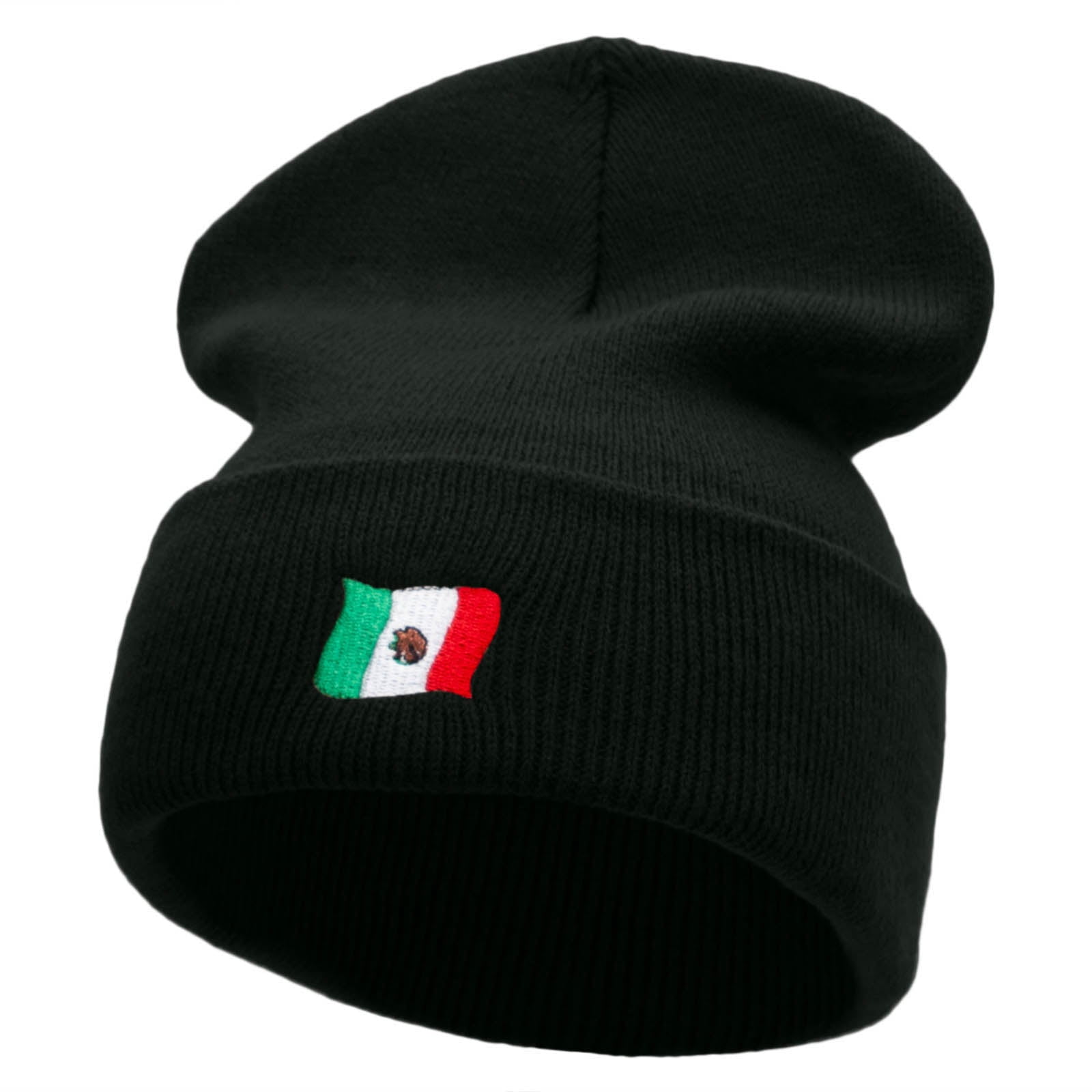 Tiny Mexican Flag Embroidered 12 Inch Long Knitted Beanie - Black OSFM ...