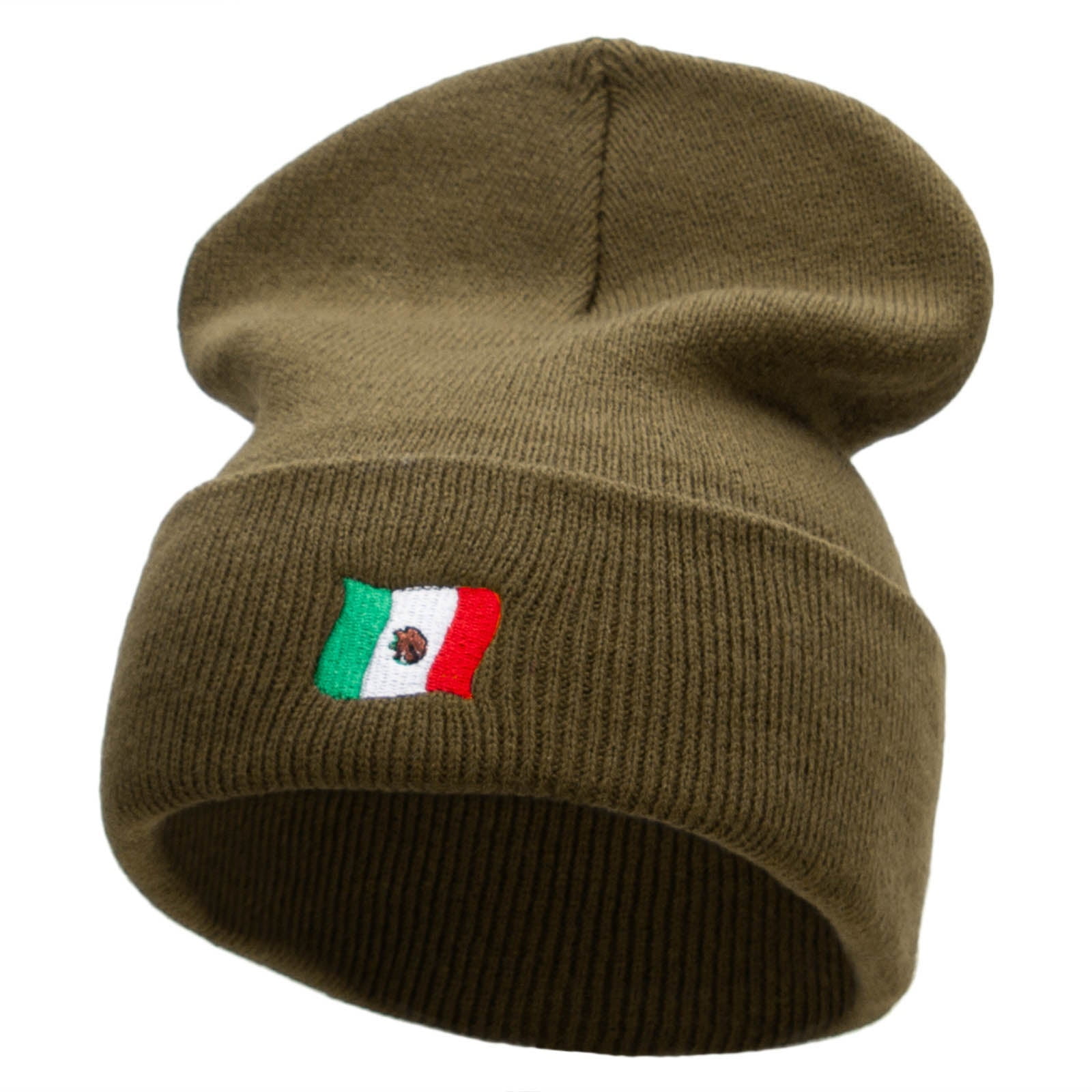 Tiny Mexican Flag Embroidered 12 Inch Long Knitted Beanie - Olive OSFM ...