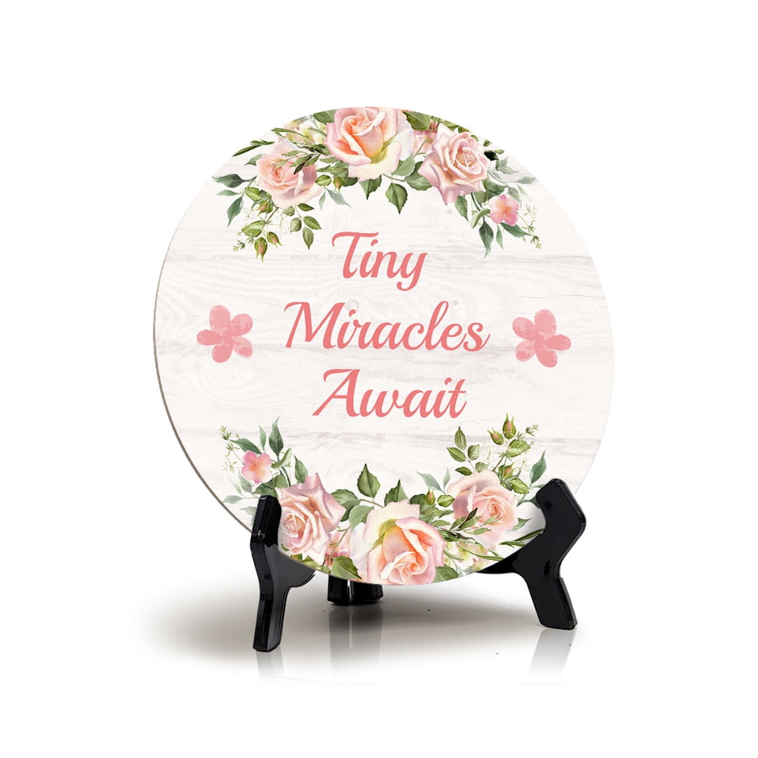 Tiny Miracles Await Baby Shower Decoration Circle 5x5" Table Sign Home ...