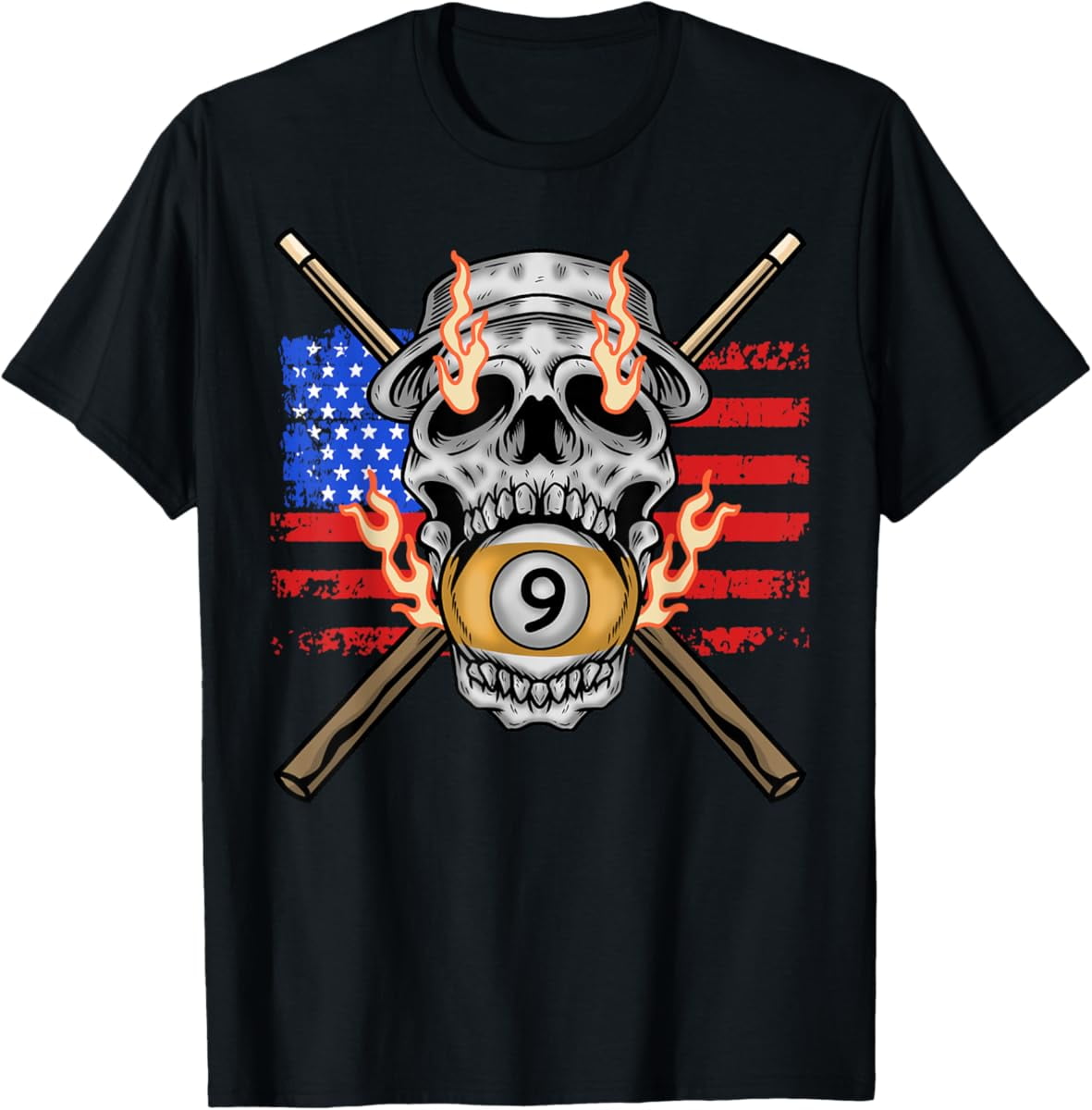 Tiny Nest 9 Ball Billiard Pool Player American Flag Skull Billiards T-Shirt All Size S-5Xl ...