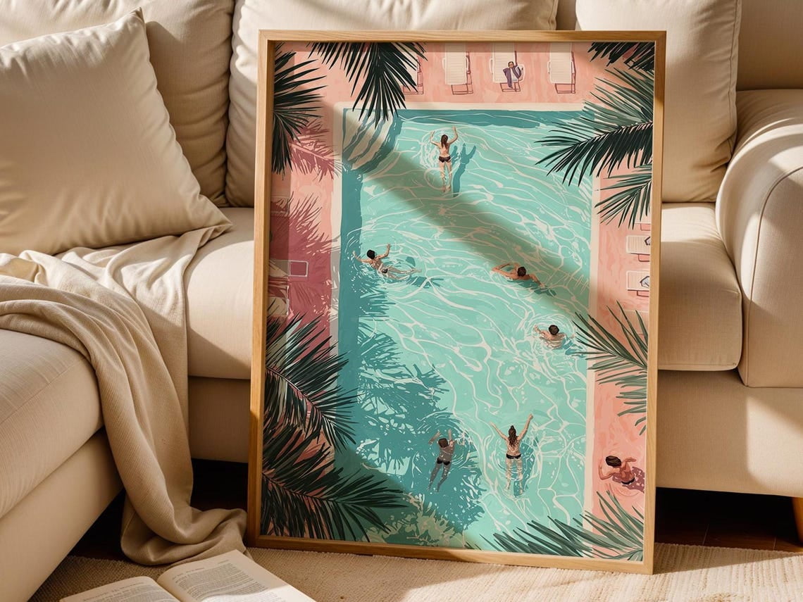 Tiny People Swimming Wall Decor, Summer Pool, Aerial Swim View Print ...