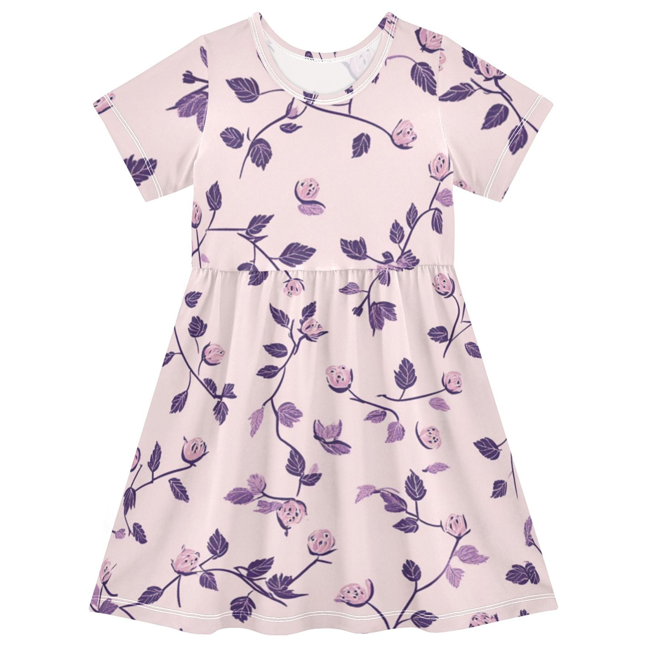 Tiny Rosebuds and Leaves Girls' Short Sleeve Dress A-Line One-Piece Dress UPF 50+ Quick Dry 4T ...