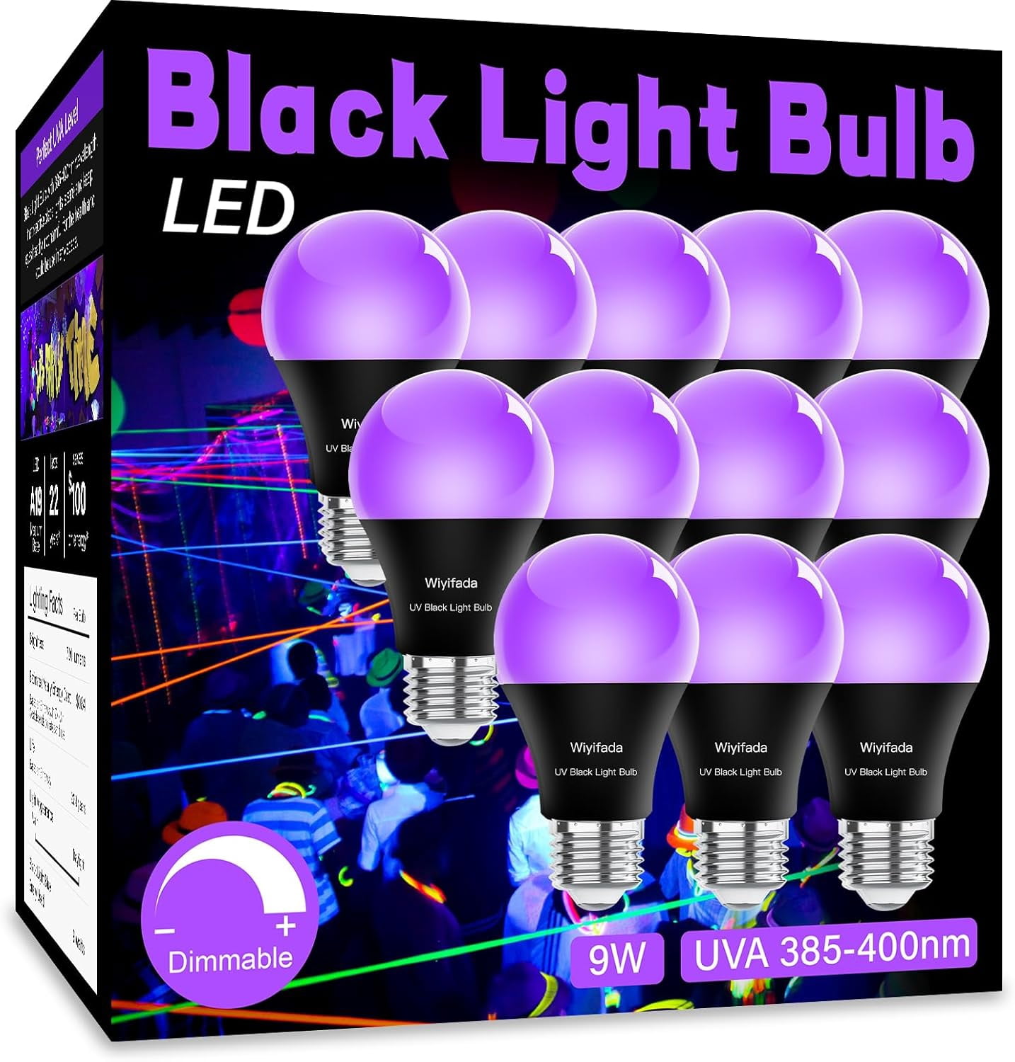 TinyGlam LED Black Light Bulbs 2 Pack, A19 9W UV Black Light Replace Up ...