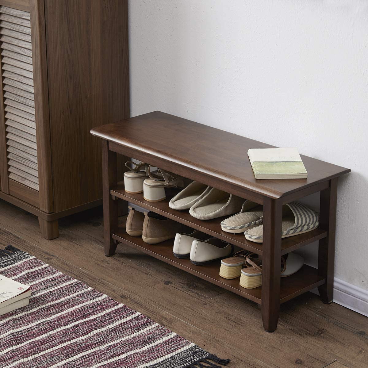 TinyTimes 32'' Shoe Stool, 3 Tier Wooden Storage Bench Heavy Duty ...