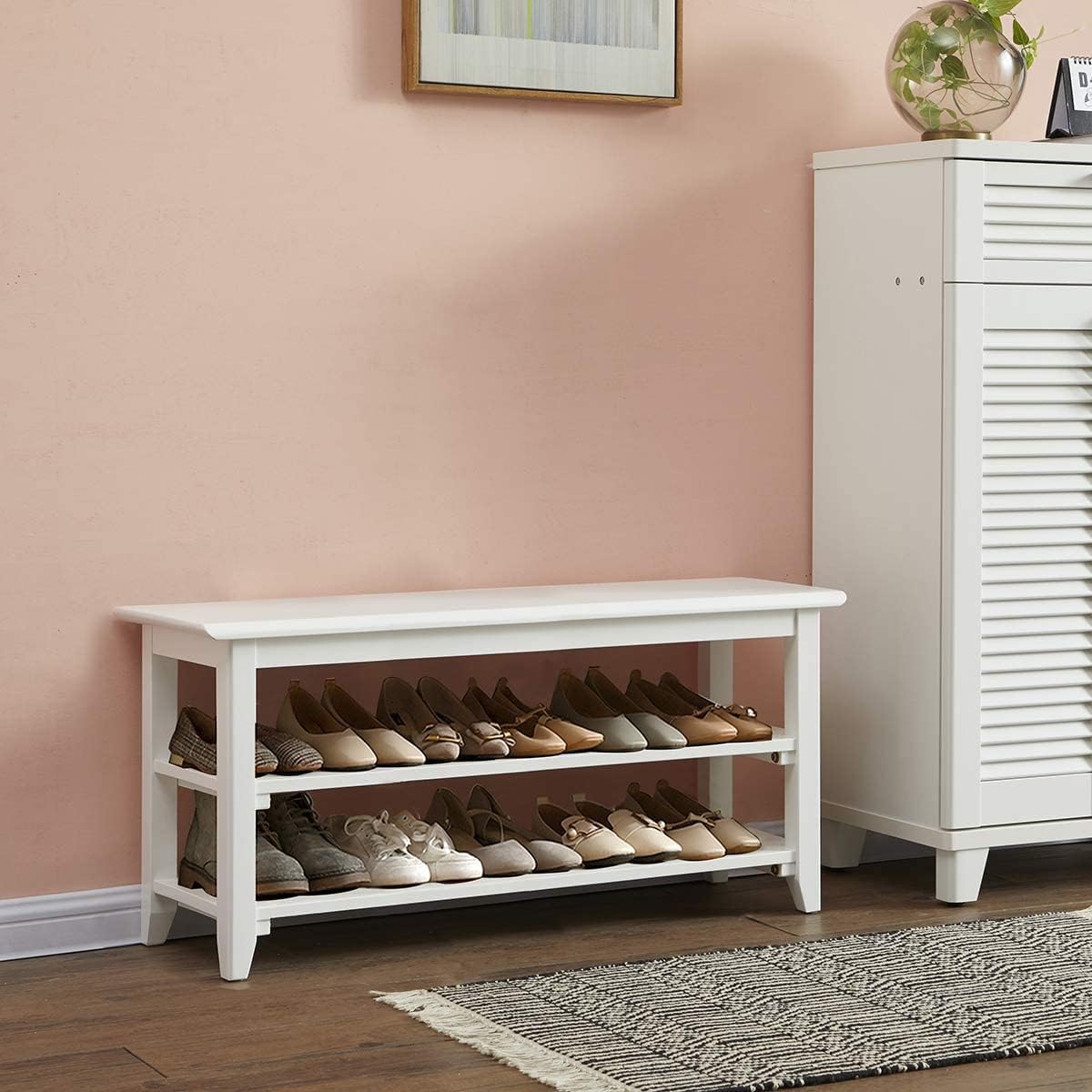 ANQIDI 2 Tier Shoe Rack Bench, Boot Organizer Bamboo Cushion Storage ...