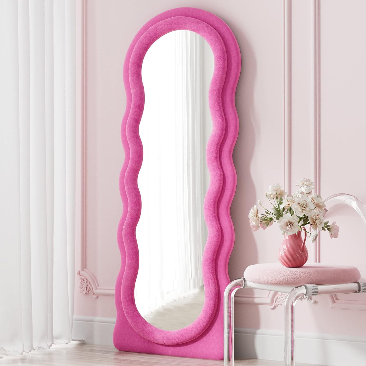 "TinyTimes 63""x24"" Wavy, Curvy Long Body Pink Mirror with Stand ...