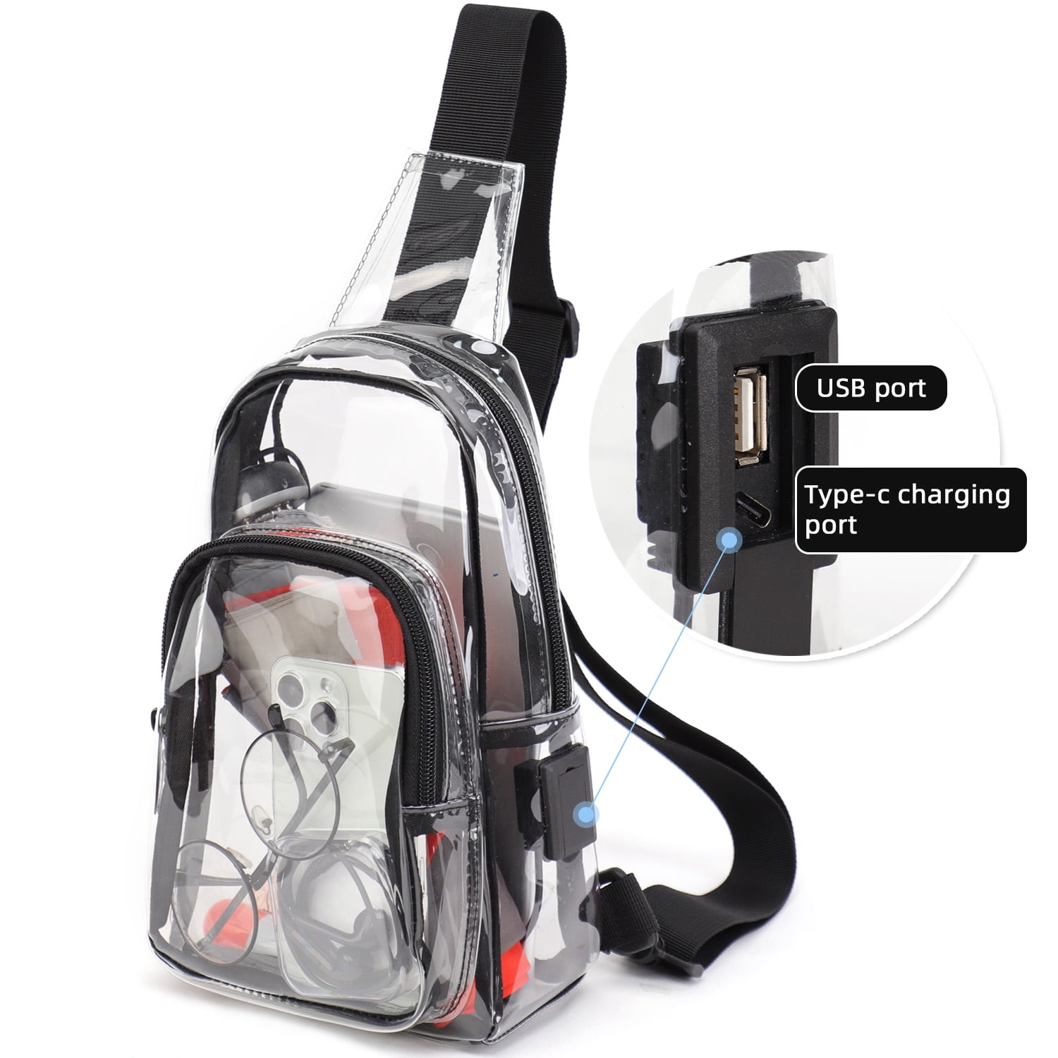 Tinyat Clear Sling Bag for Women Pvc Men Waterproof Usb Crossbody Bag ...