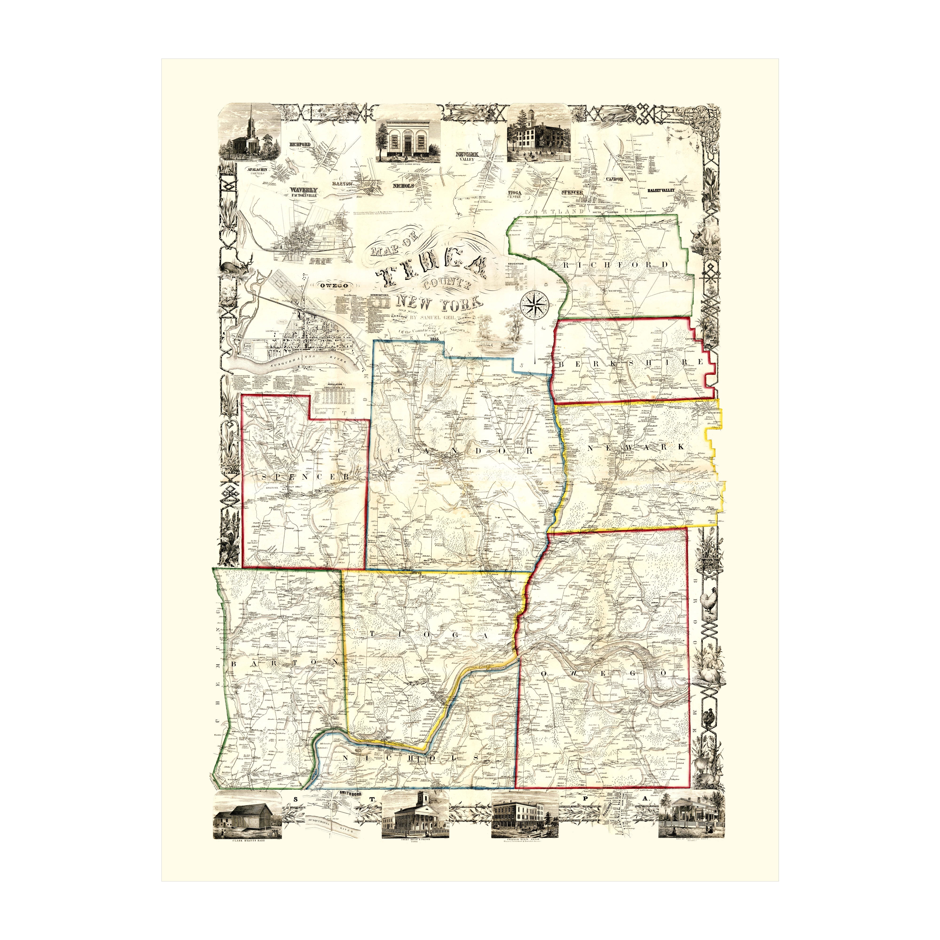 Tioga County New York Art, 1855 Vintage Map of Tioga County NY History ...