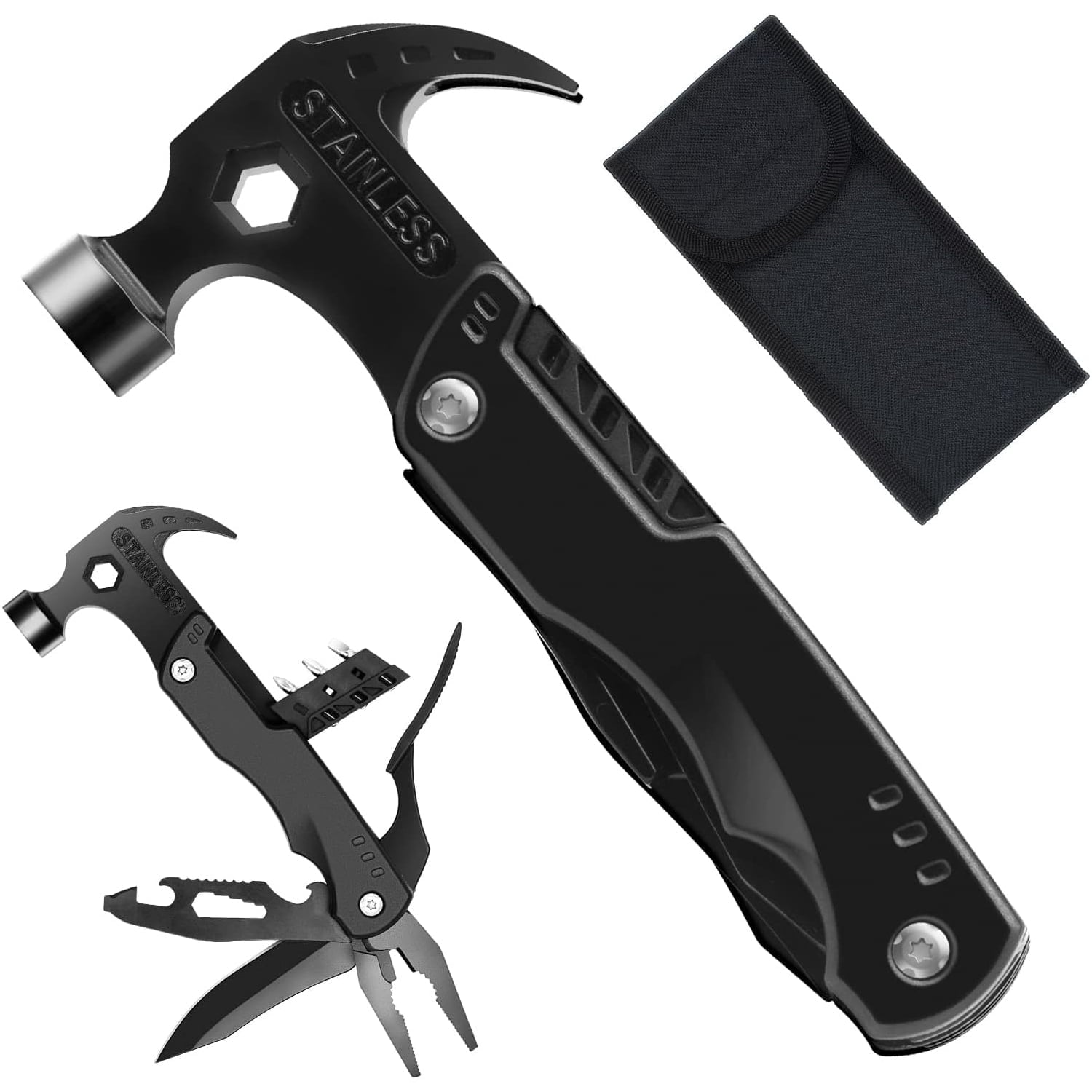 TiokMc 12-in-1 Stainless Steel Camping Hammer Multitool with Safety ...