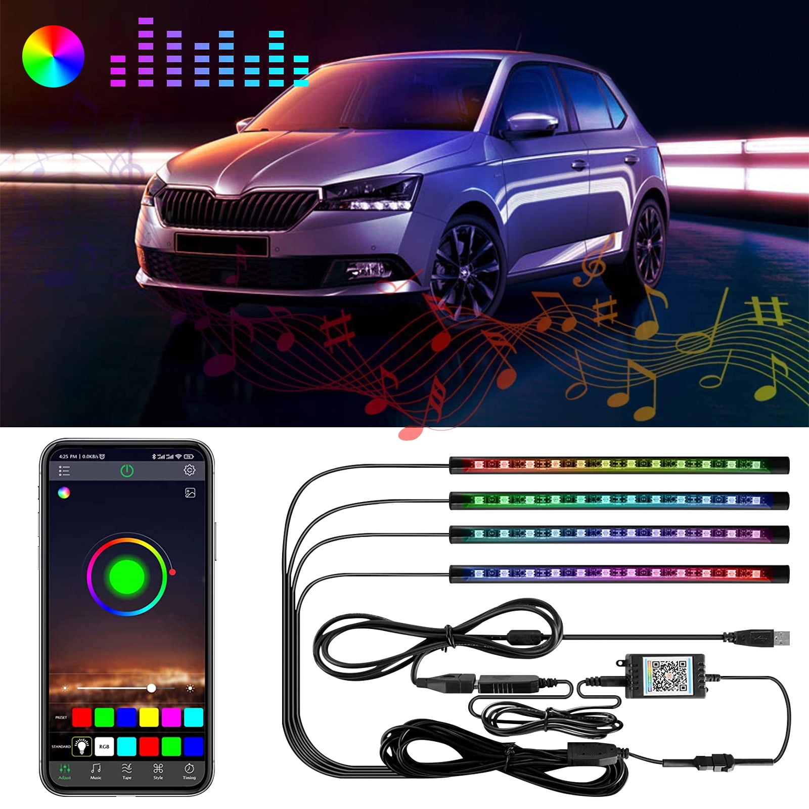 TiokMc Interior Car Lights, 4 Pcs 48 LED Multi-Color Music Car Lights ...