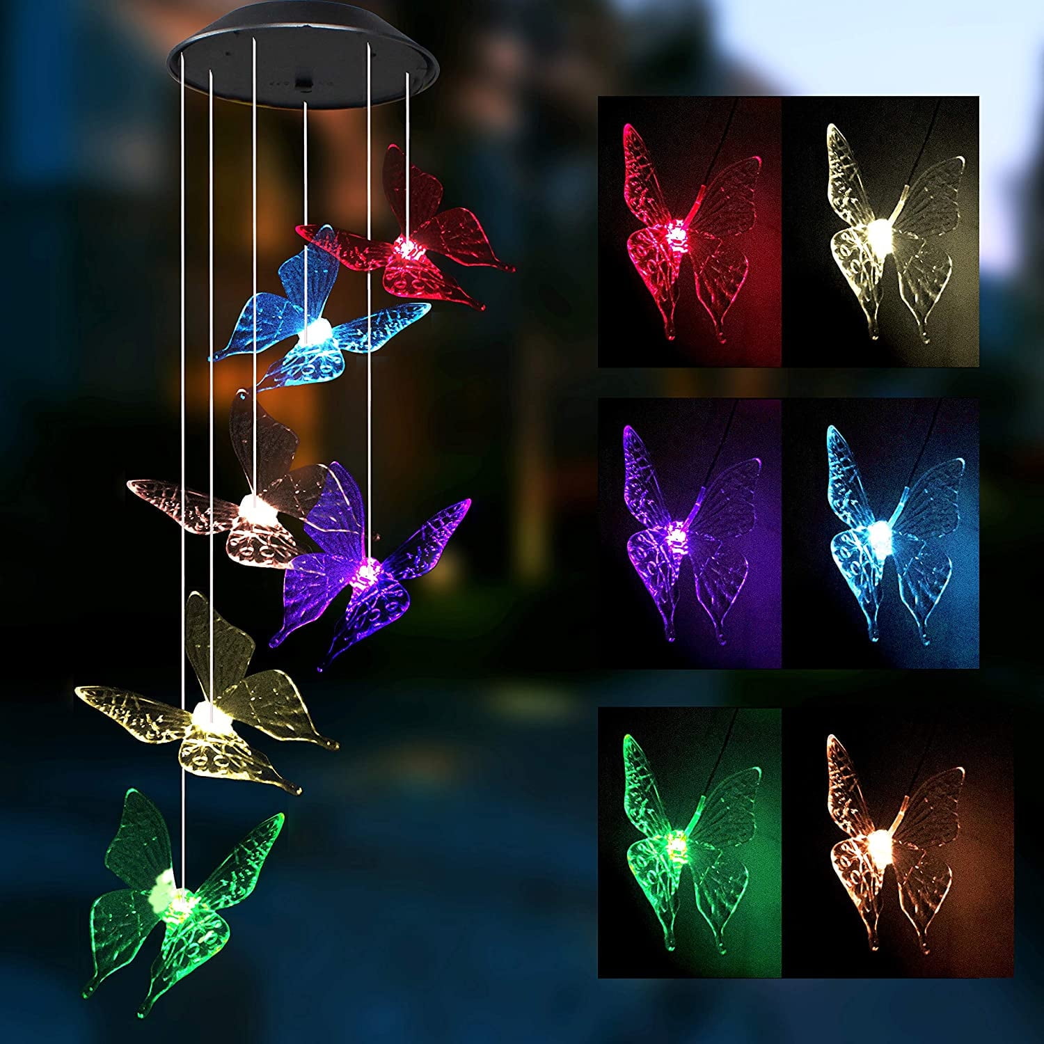 TiokMc Solar Butterfly Wind Chimes - Color Changing LED Outdoor Hanging ...