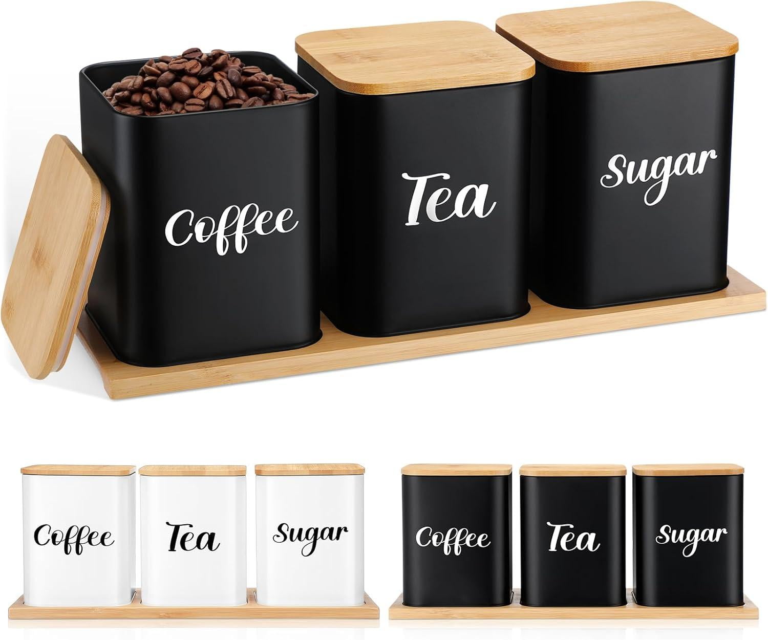 Tioncy Coffee Tea Sugar Container with Tray Set of 3 Airtight Metal ...