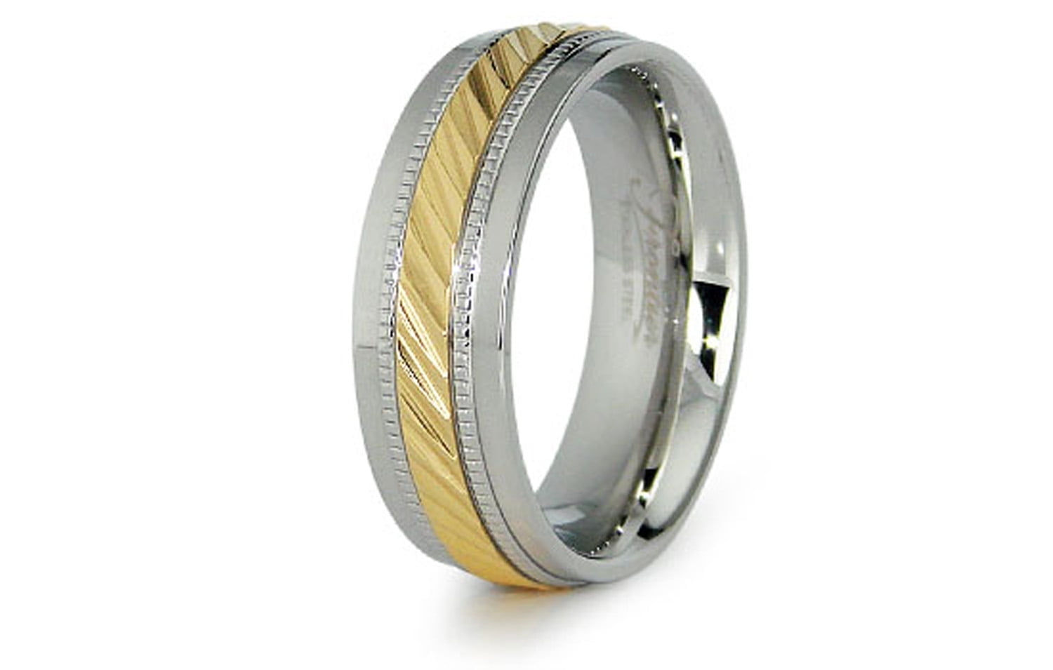 7.5 MM Two-Tone Tioneer Stainless Steel Golden Center Strip Milgrain ...