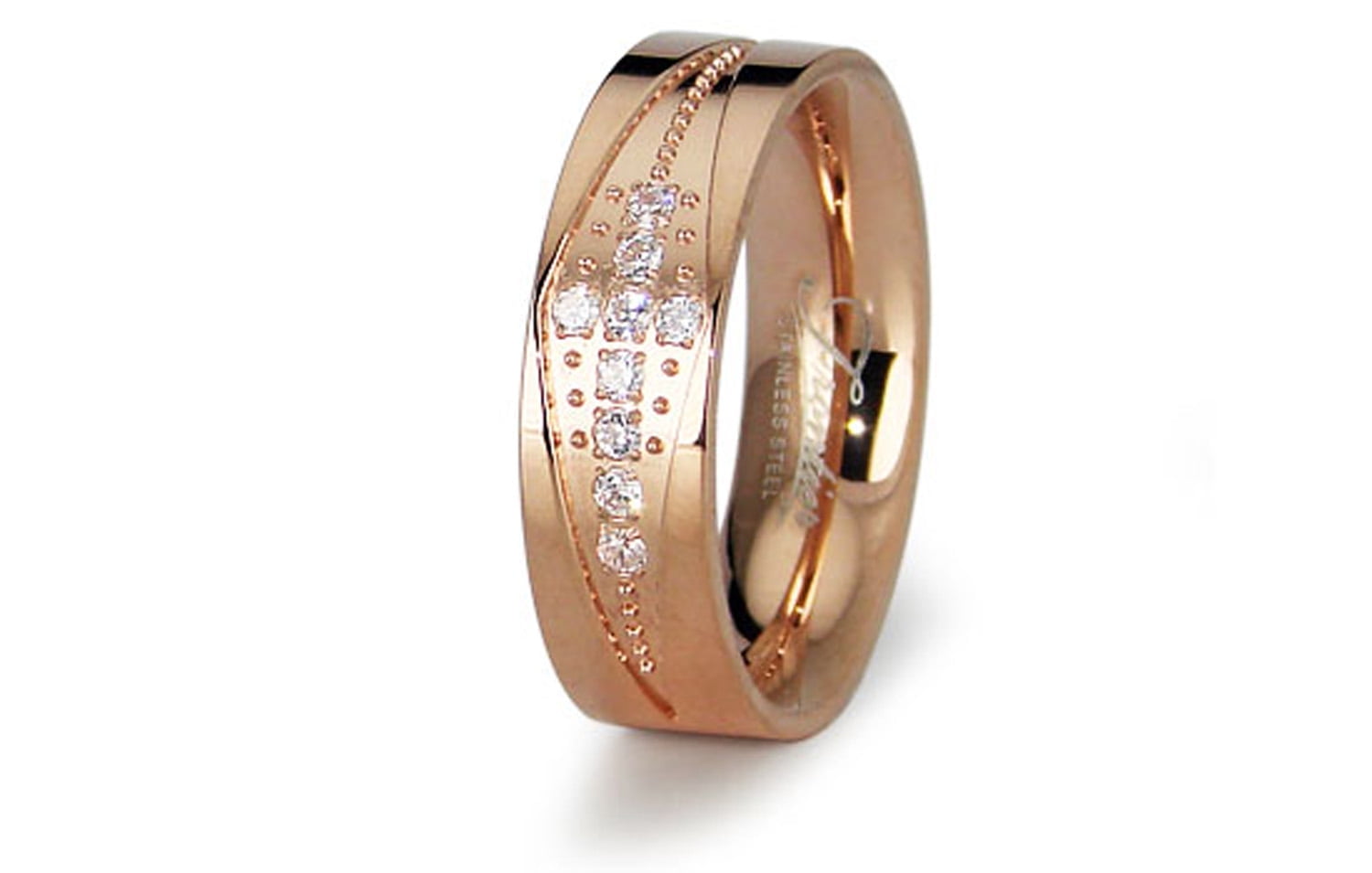 Tioneer Rose Gold Stainless Steel Cubic Zirconia Cross Wedding Band ...