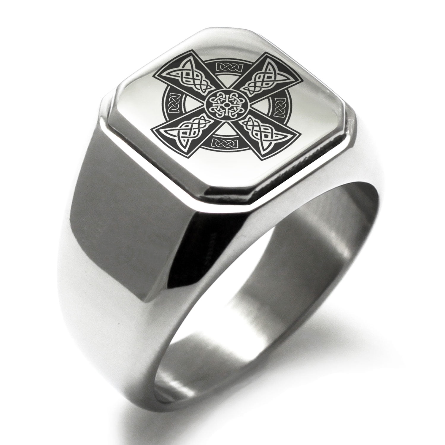 Tioneer Stainless Steel Celtic Cross Rune Knot Engraved Square Flat Top ...