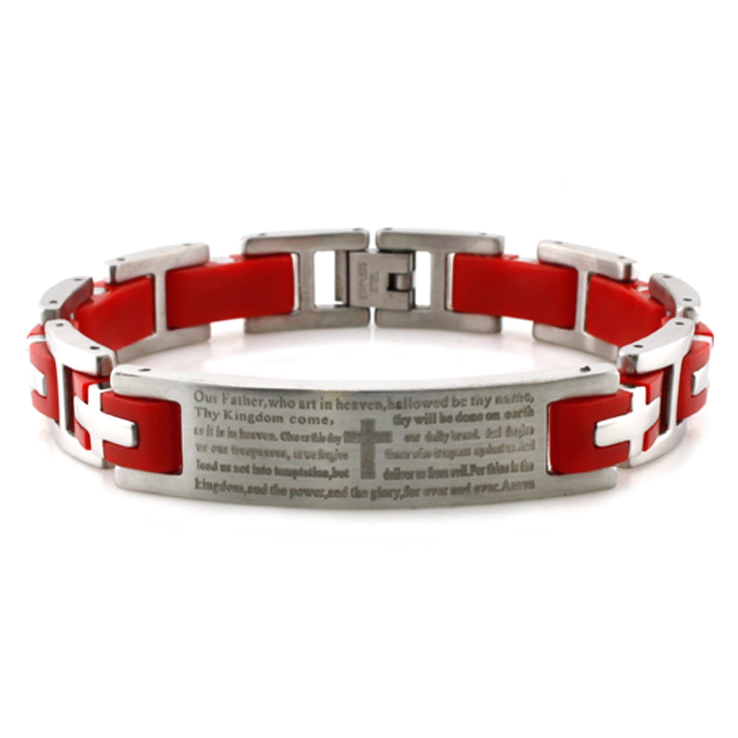 Tioneer Stainless Steel Lord's Prayer Biker Red Rubber Link Bracelet ...