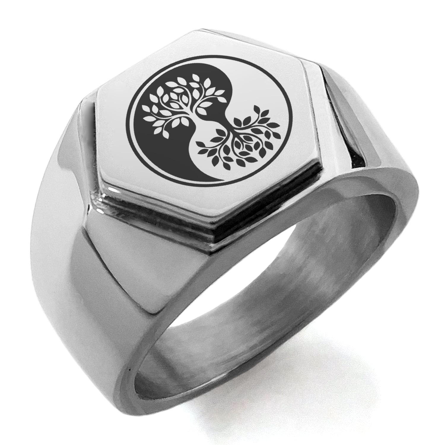Tioneer Stainless Steel Tree of Life Yin Yang Engraved Hexagon Crest ...