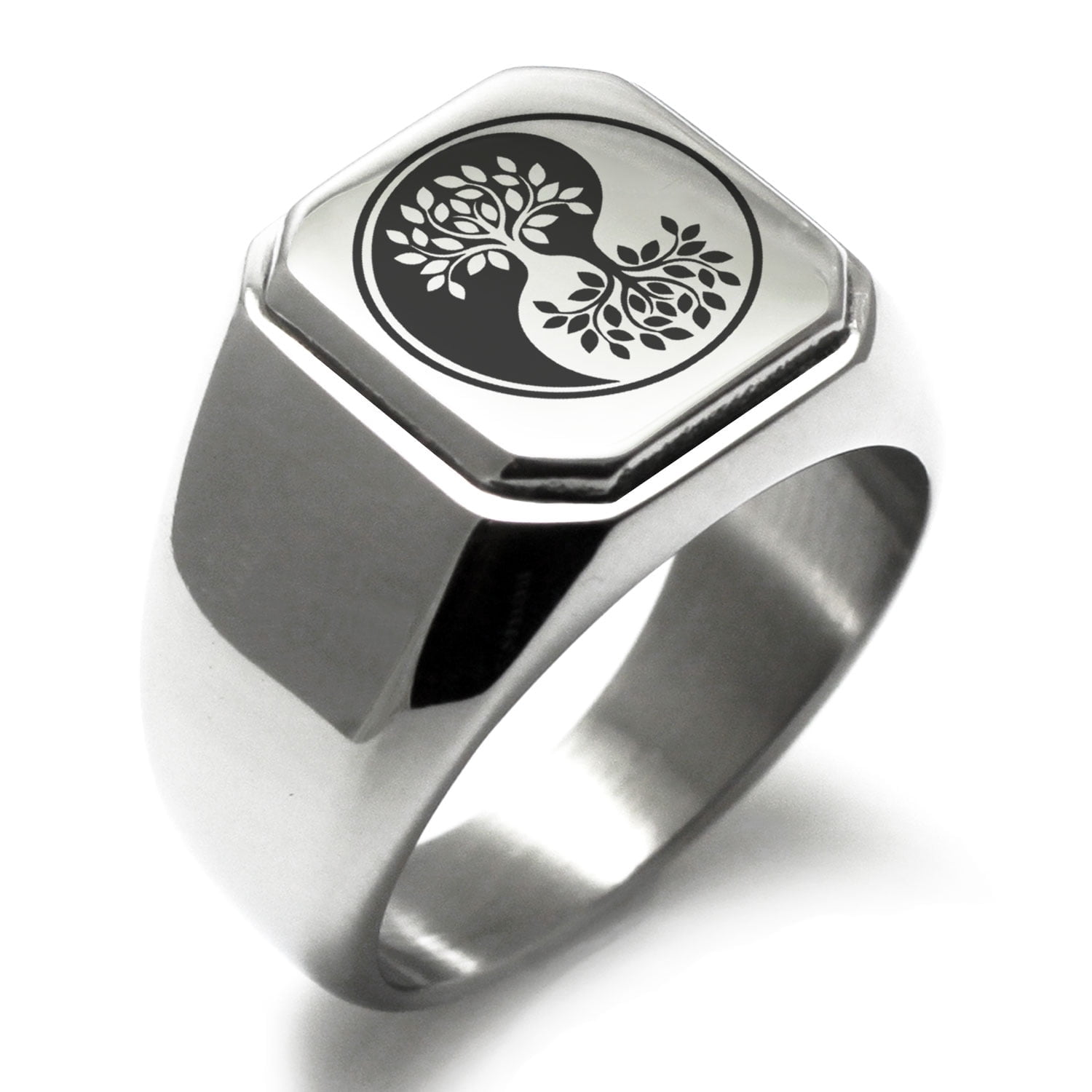 Tioneer Stainless Steel Tree of Life Yin Yang Engraved Square Flat Top ...