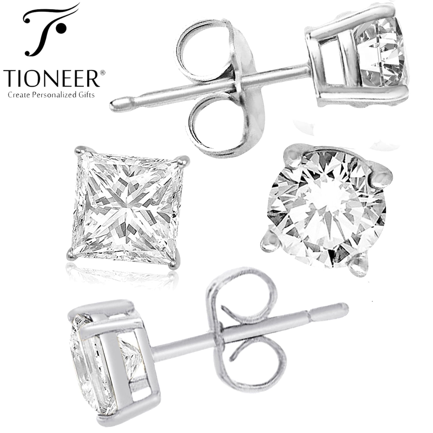 Tioneer Sterling Silver 925 Solid Round or Square Brilliant Cut CZ Men ...