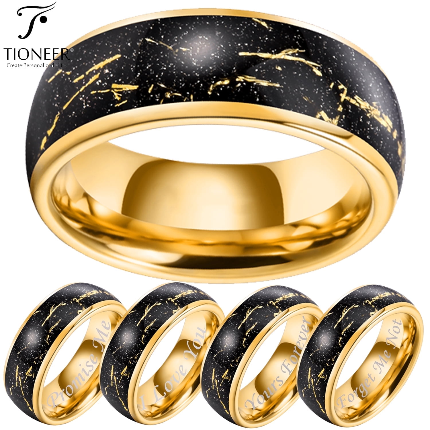 Tioneer Tungsten Carbide 14K Gold Plated Black Lightning Design Wedding ...