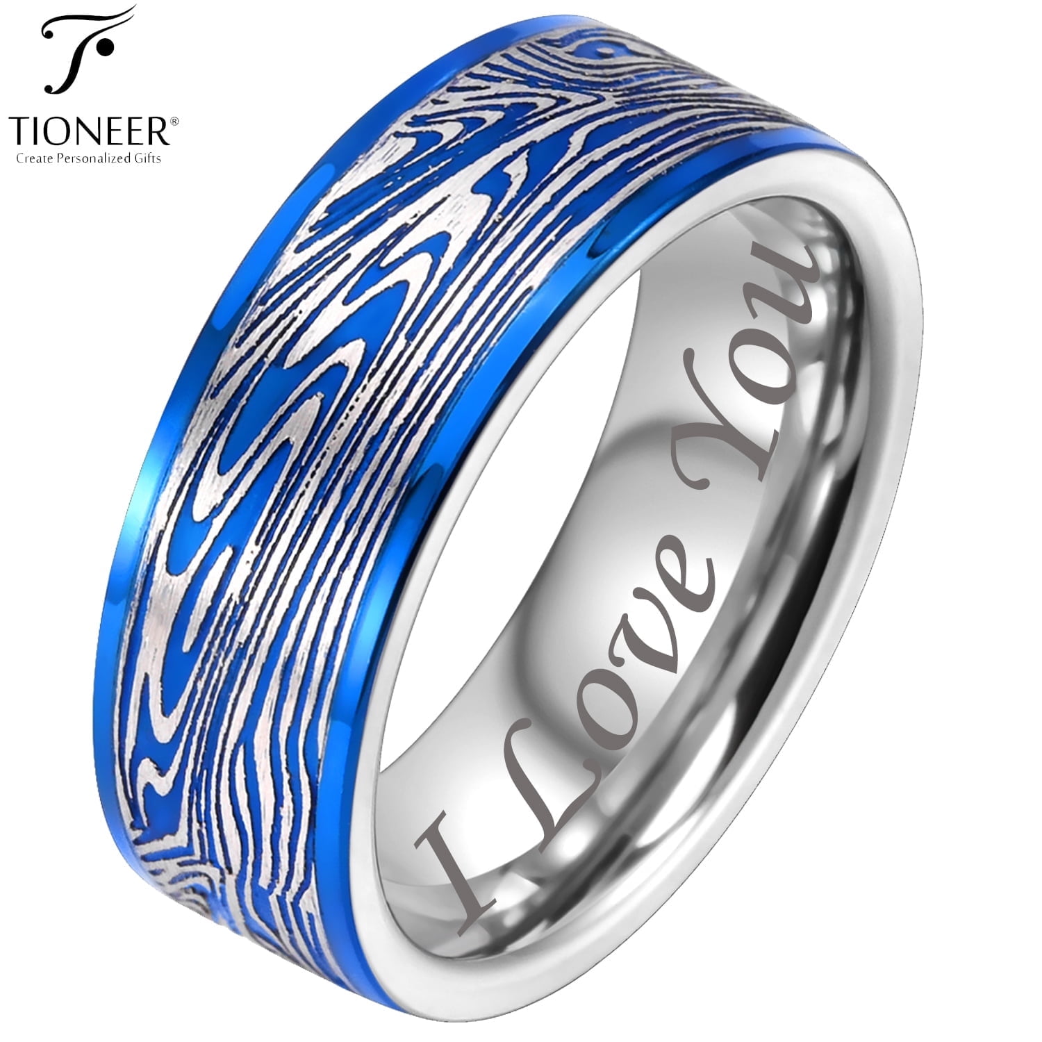 Tioneer Tungsten Carbide Band w/ Flowing River Damascus Design 8mm Ring ...