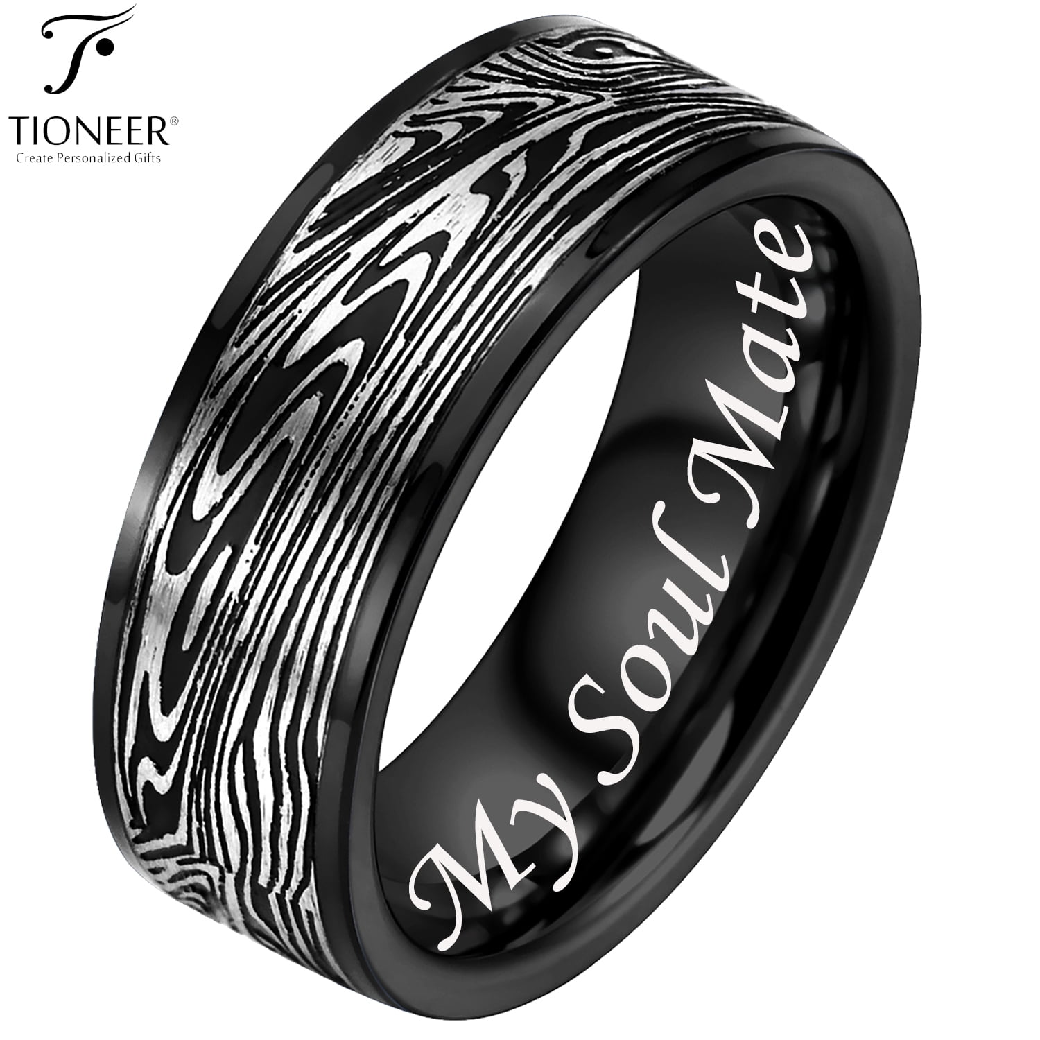 Tioneer Tungsten Carbide Band w/ Flowing River Damascus Design 8mm Ring ...