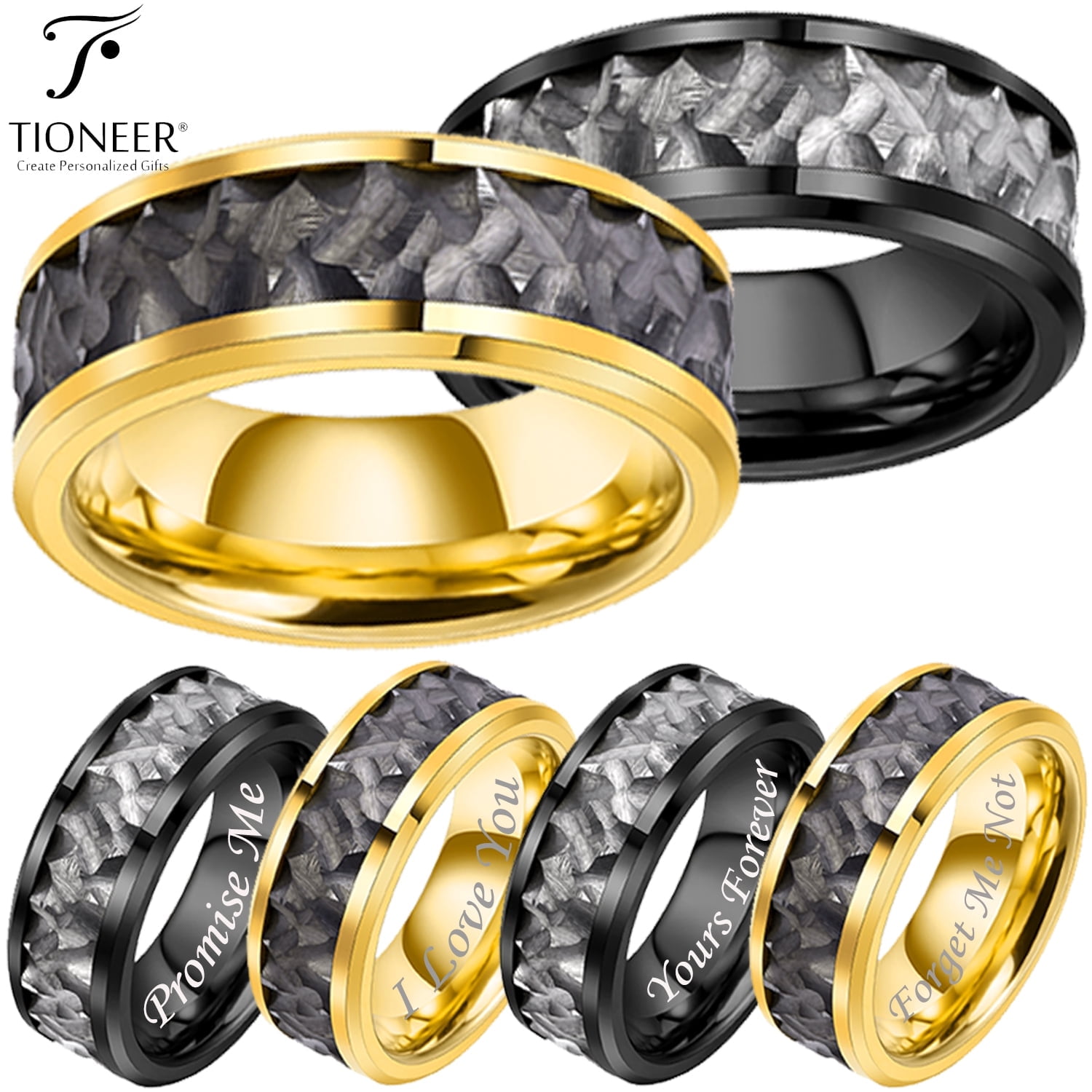 Tioneer Tungsten Carbide Two-Tone Black Hammered Center Black or Yellow ...
