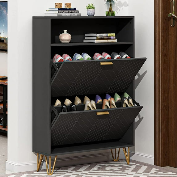 Tipping Bucket Shoe Storage Cabinet with 2 Flip Drawers, Modern ...