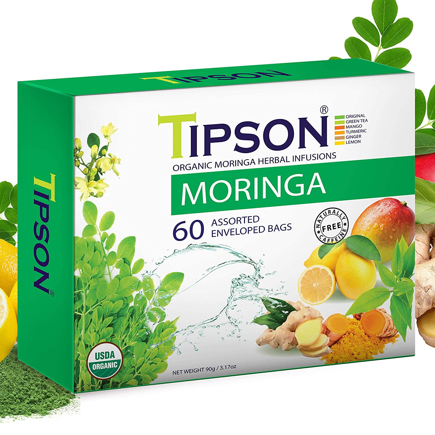 Tipson Organic Moringa Tea - 6 Assorted Flavors - 60 Foil Enveloped ...