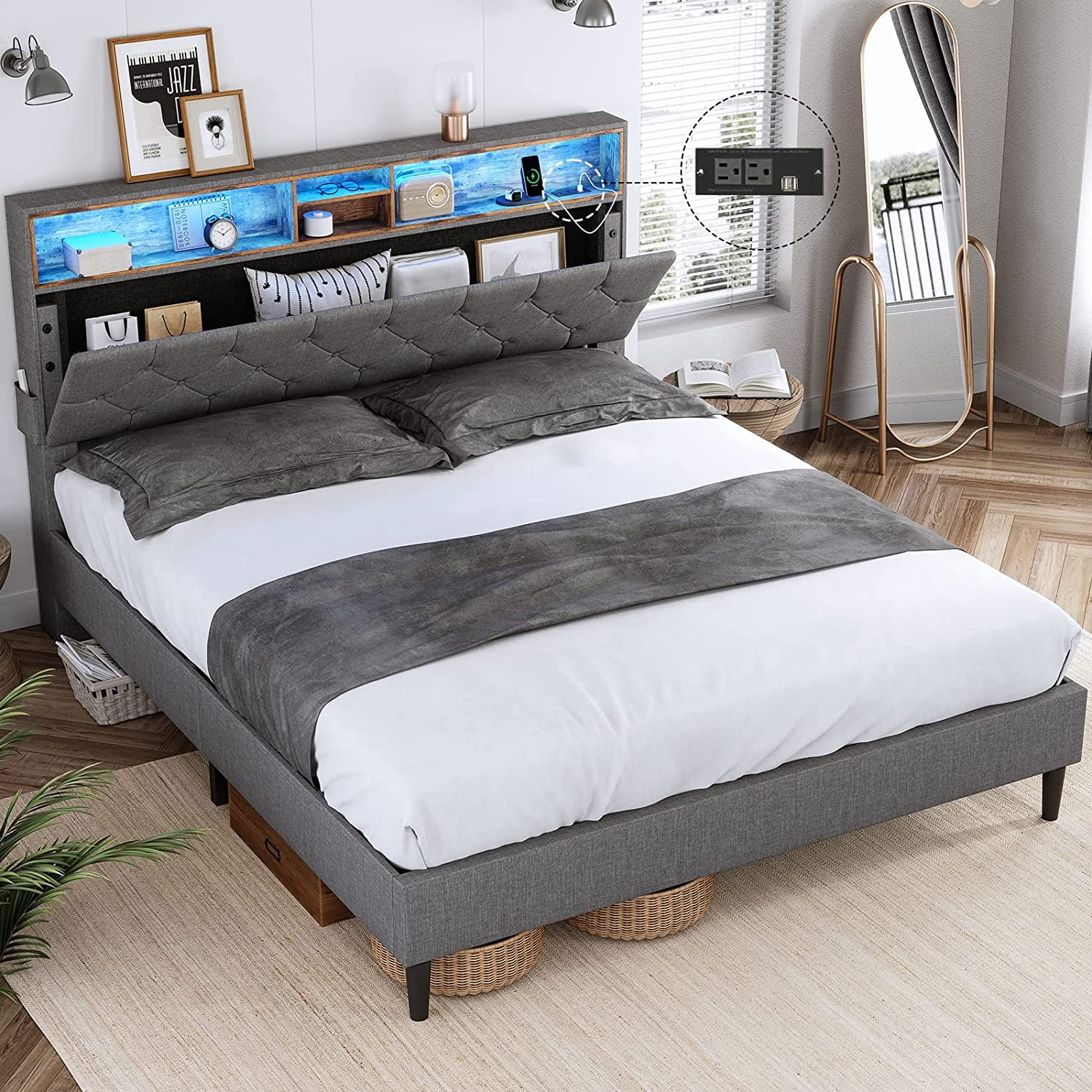 Tiptiper LED Lights Headboard Platform Bed Frame Queen Size with ...
