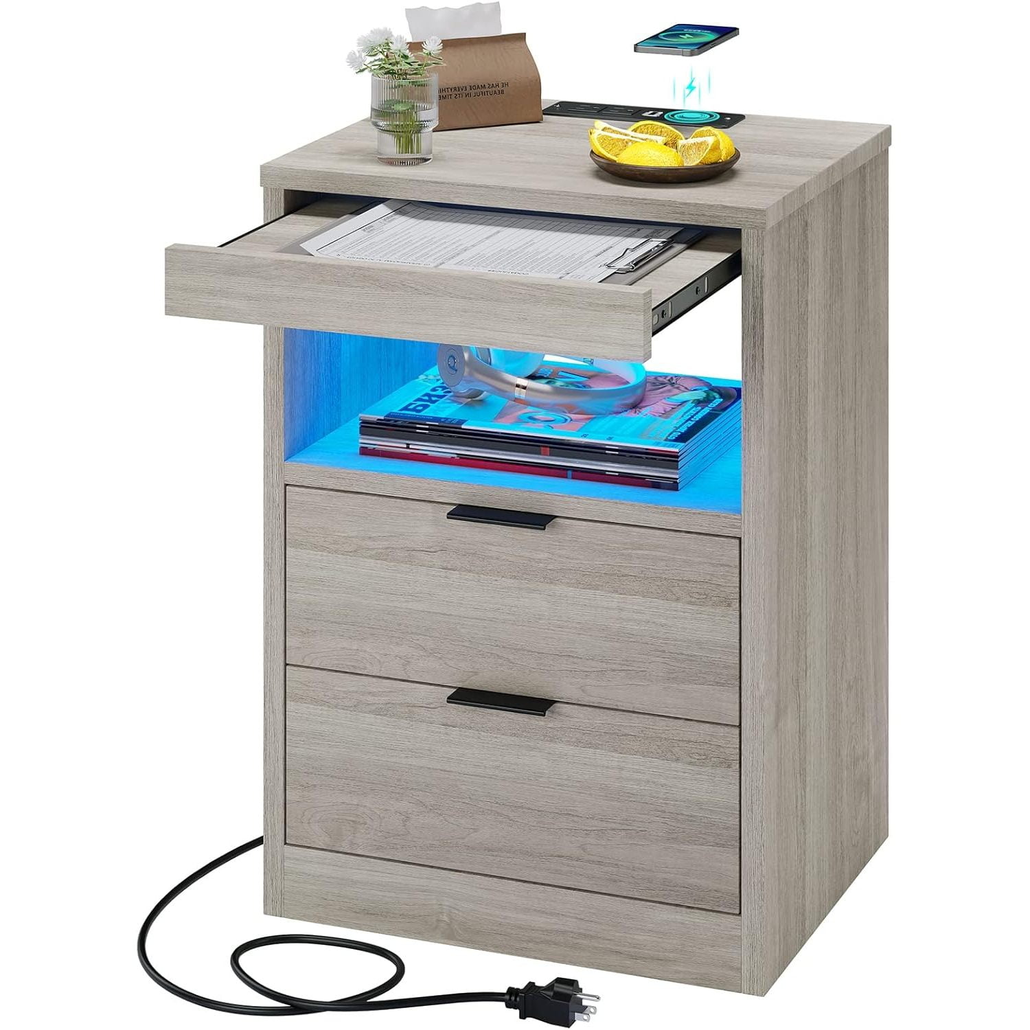 Tiptiper LED Nightstand with Wireless Charging Station, Farmhouse ...