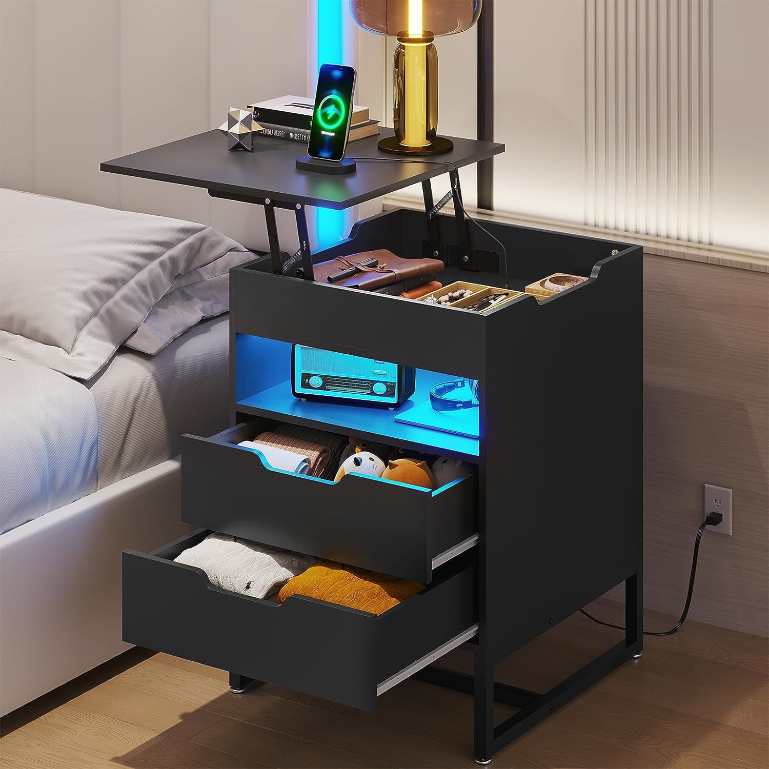 Tiptiper LED Nightstand with Reversible Lift Top, Tall Night Stand with ...