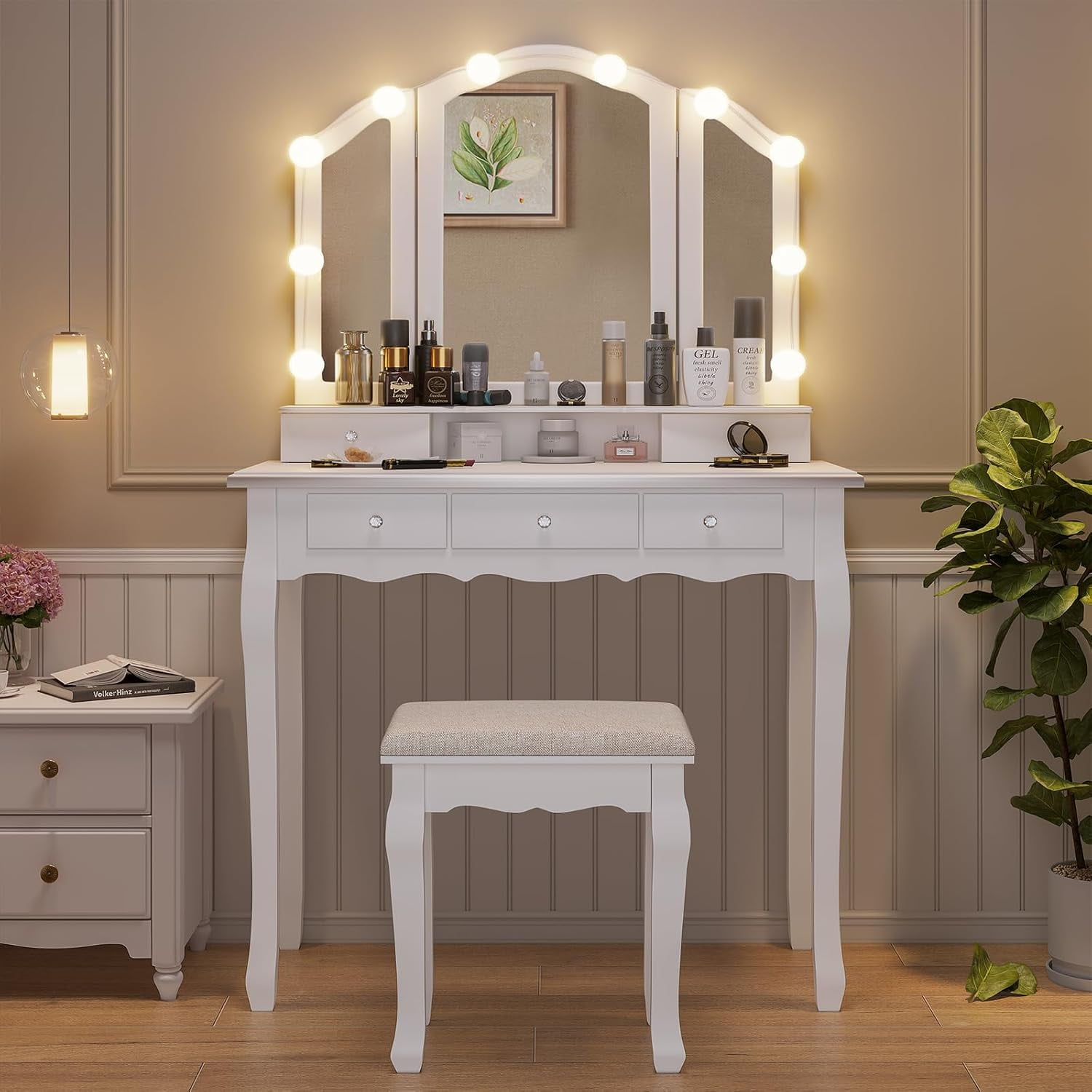 Tiptiper Makeup Vanity with Lights, Vanity Desk with Lighted Mirror and ...