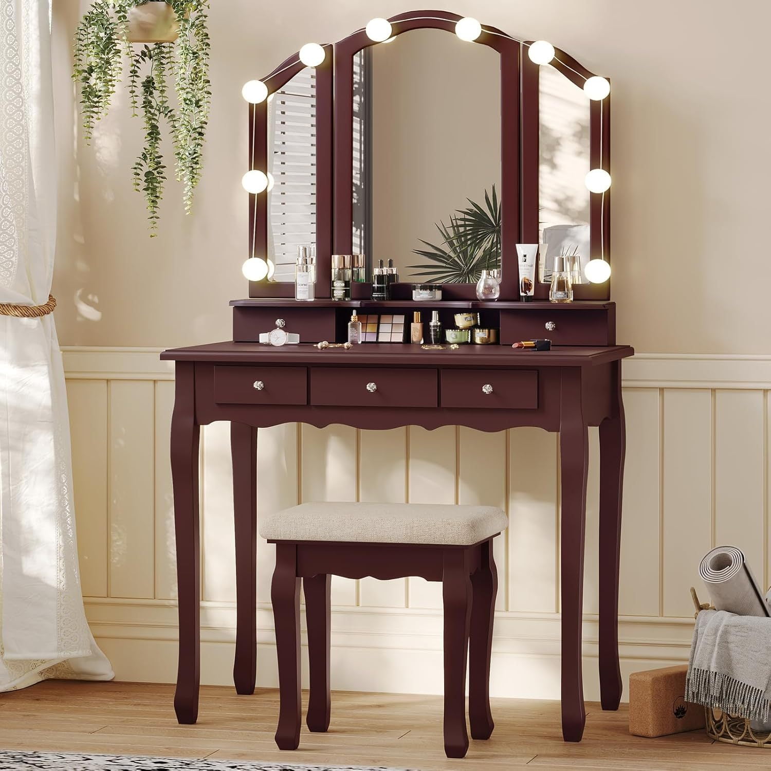Tiptiper Vanity Desk, Makeup Vanity with Lighted Tri-Folding Mirror ...