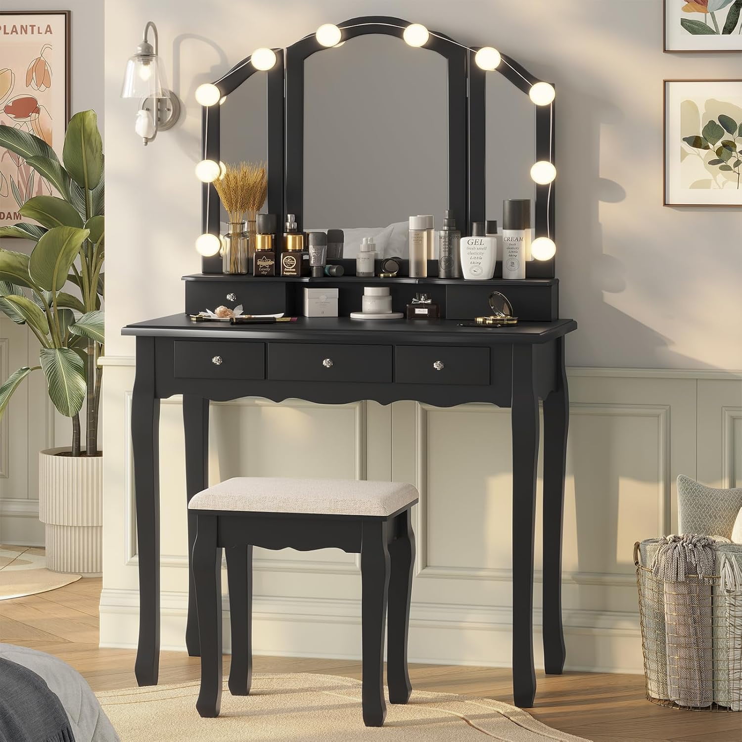 Tiptiper Vanity Desk, Makeup Vanity with Lighted Tri-fold Mirror and ...