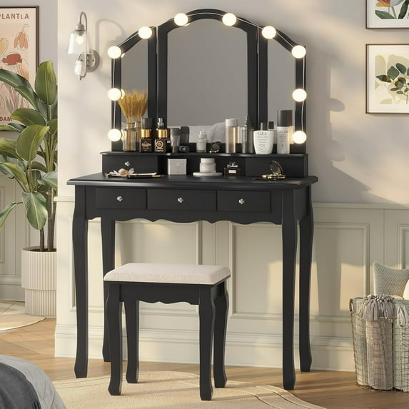 Tiptiper Vanity Desk, Makeup Vanity with Lighted Tri-fold Mirror and ...