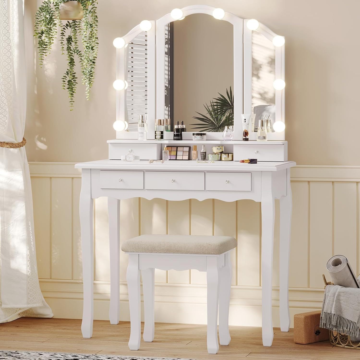 Tiptiper Vanity Table Set with Lighted Tri-Folding Mirror, Makeup ...