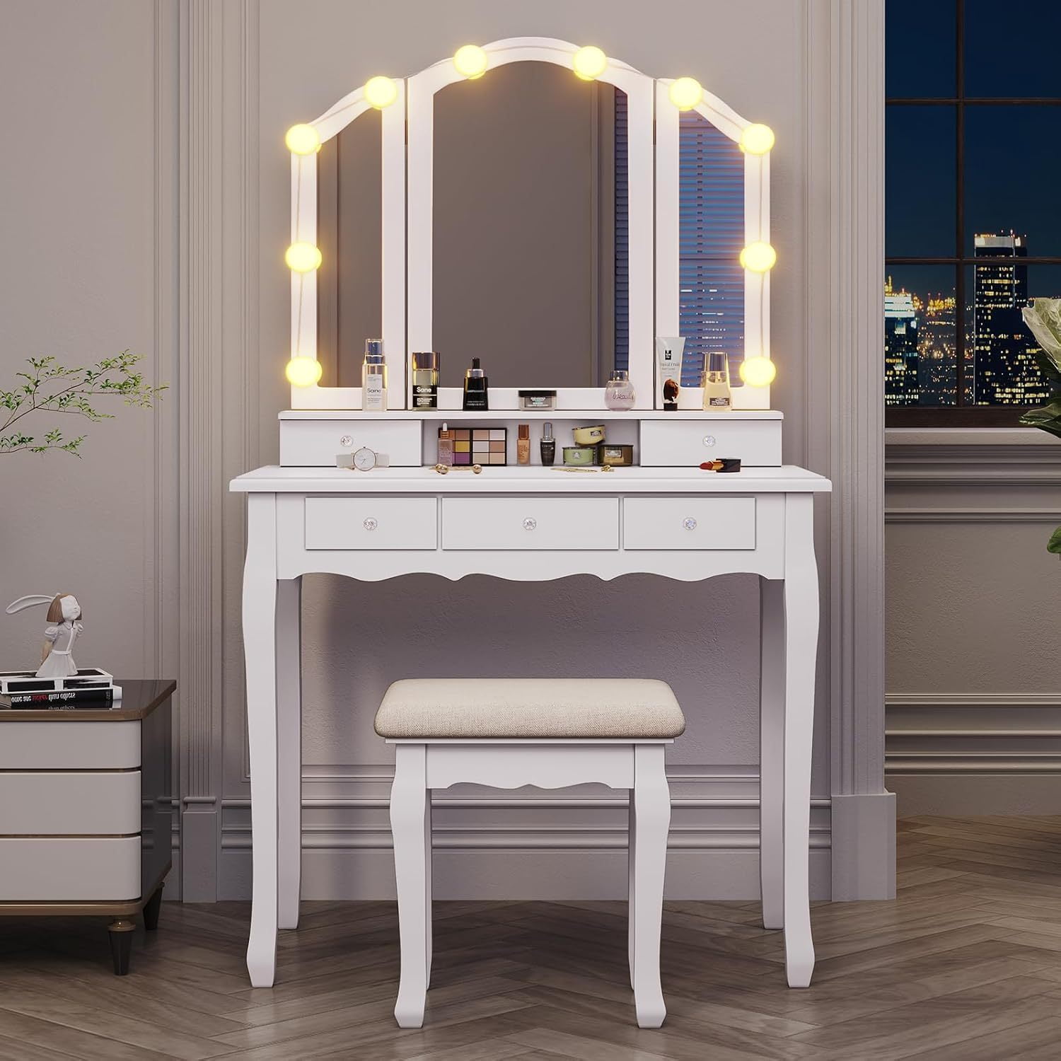 Tiptiper Vanity Table Set with Lighted Tri-Folding Mirror, Makeup ...