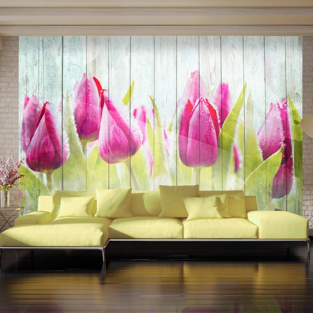 Tiptophomedecor Floral Wallpaper Wall Mural - Tulips On White Wood ...
