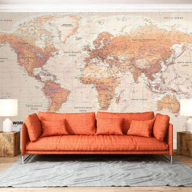 Tiptophomedecor Peel and Stick World Map Wallpaper Wall Mural - Orange ...