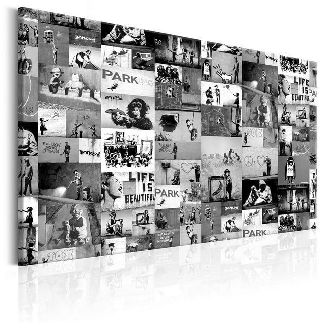 Tiptophomedecor Stretched Canvas Street Art - Banksy Collage Black ...