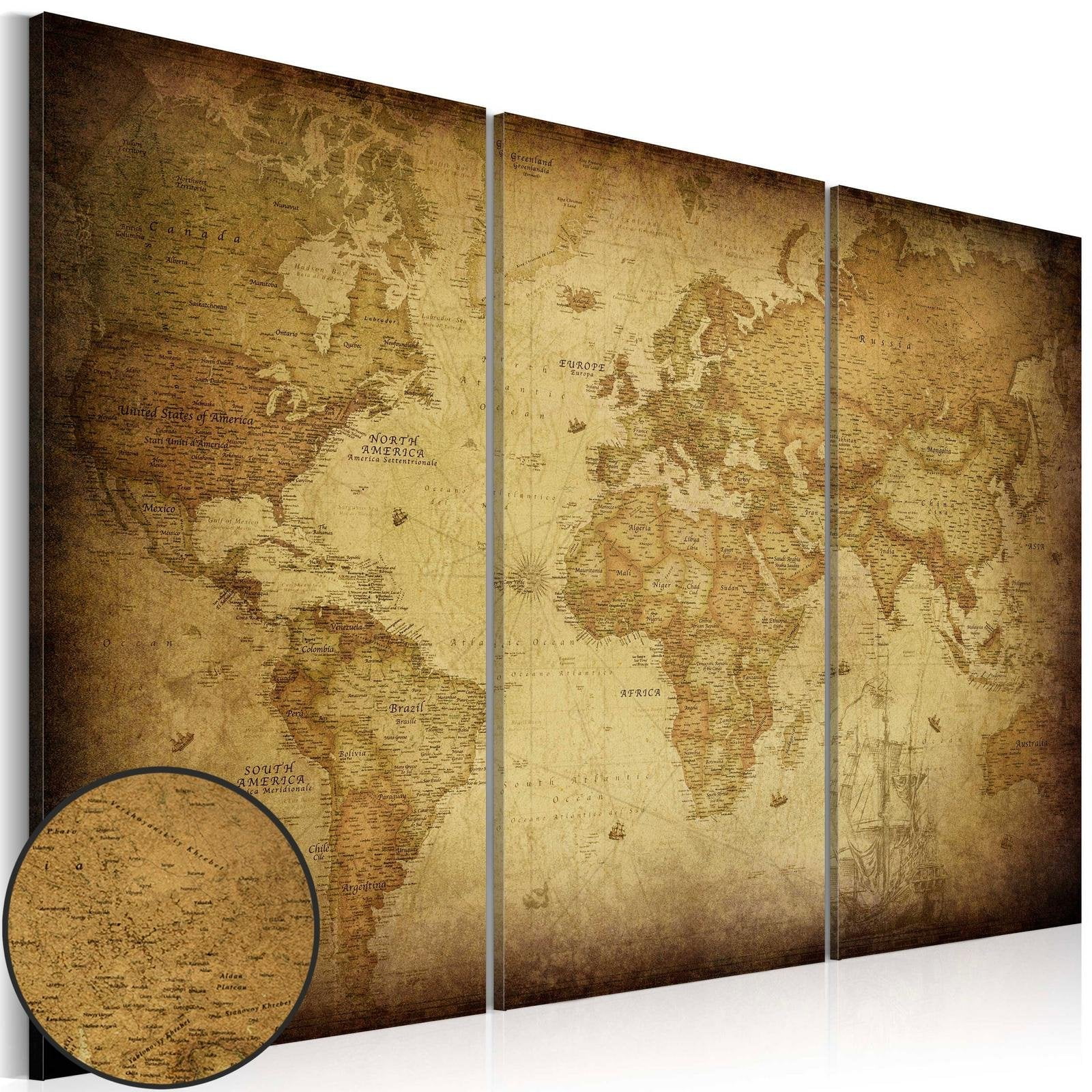 Tiptophomedecor Stretched Canvas World Map Art - Old Map: Triptych ...