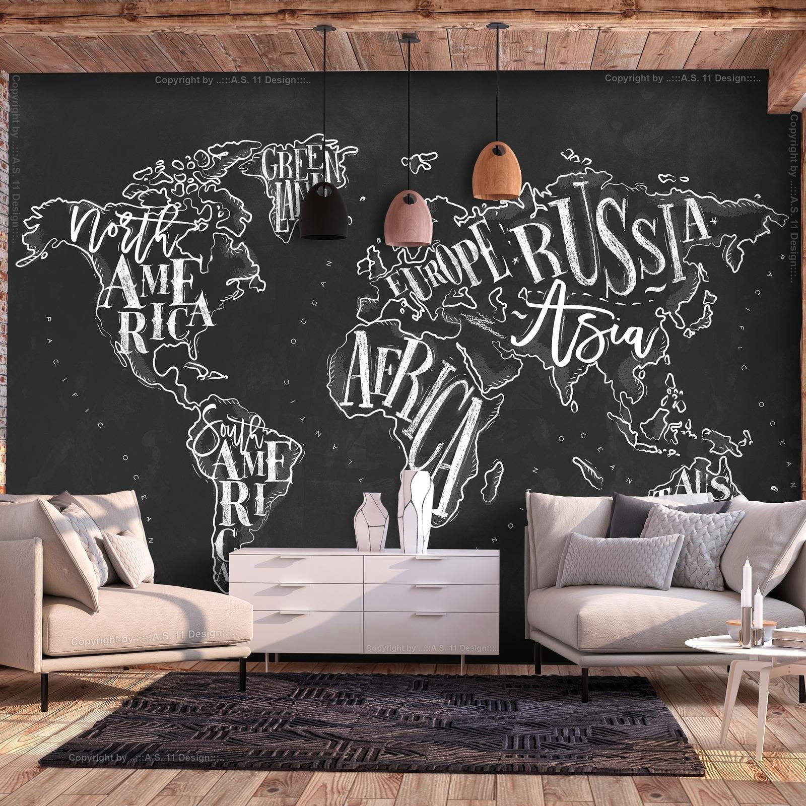 Tiptophomedecor World Map Wallpaper Wall Mural - Retro Continents Black ...