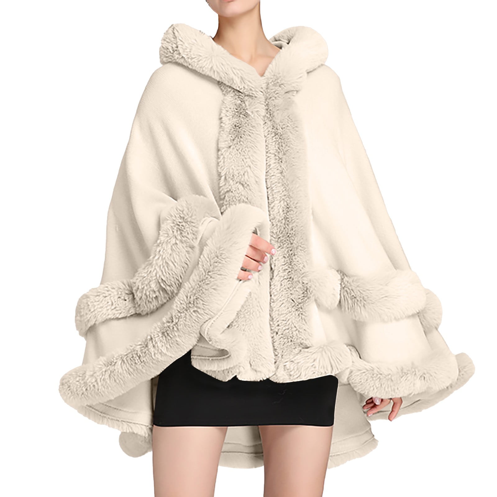 Tiqkatyck Faux Fur Shawl, Women Hooded Poncho Cape Faux Shawl Wrap With ...