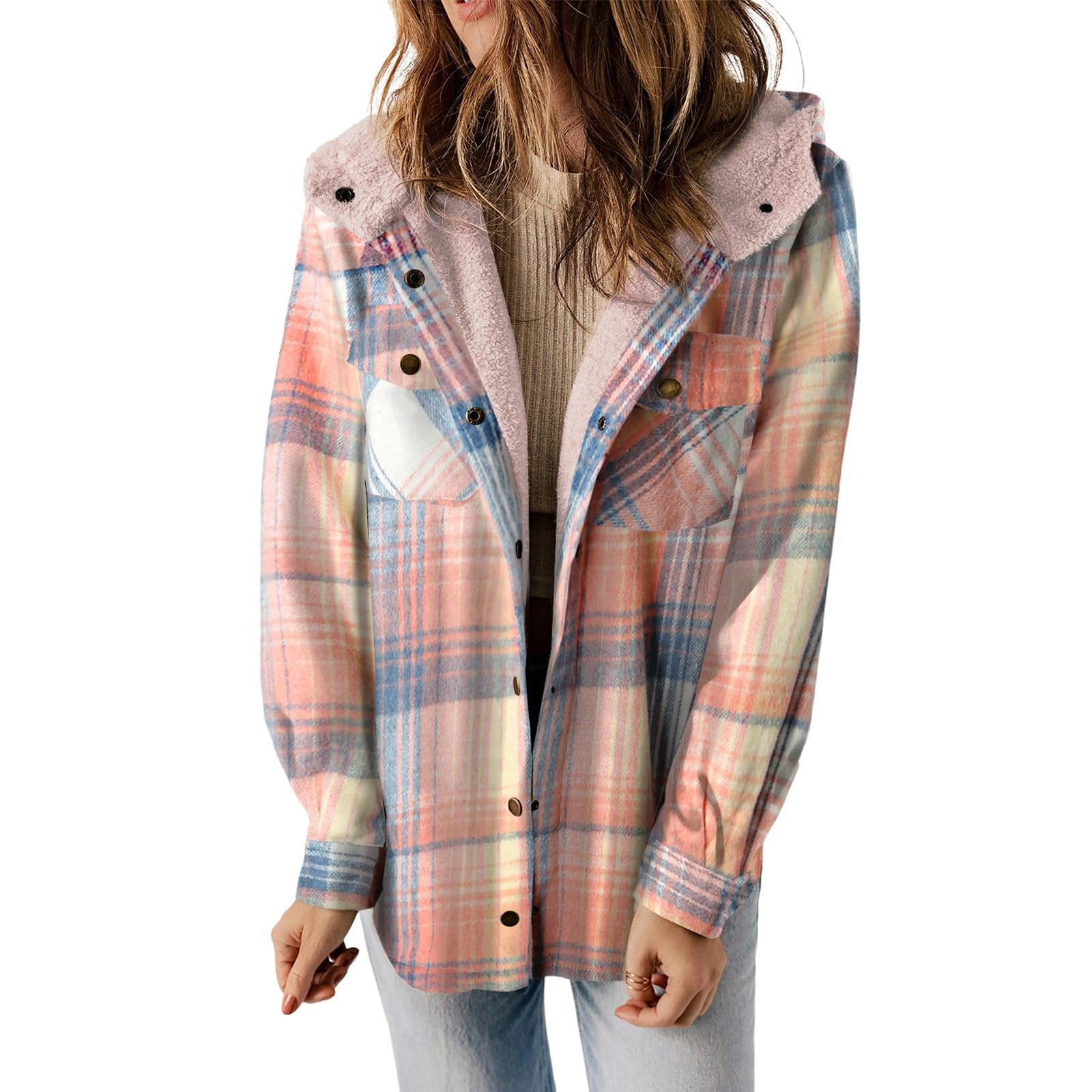 Tiqkatyck Womens Fashion Shacket Casual Long Sleeve Plaid Jacket with ...