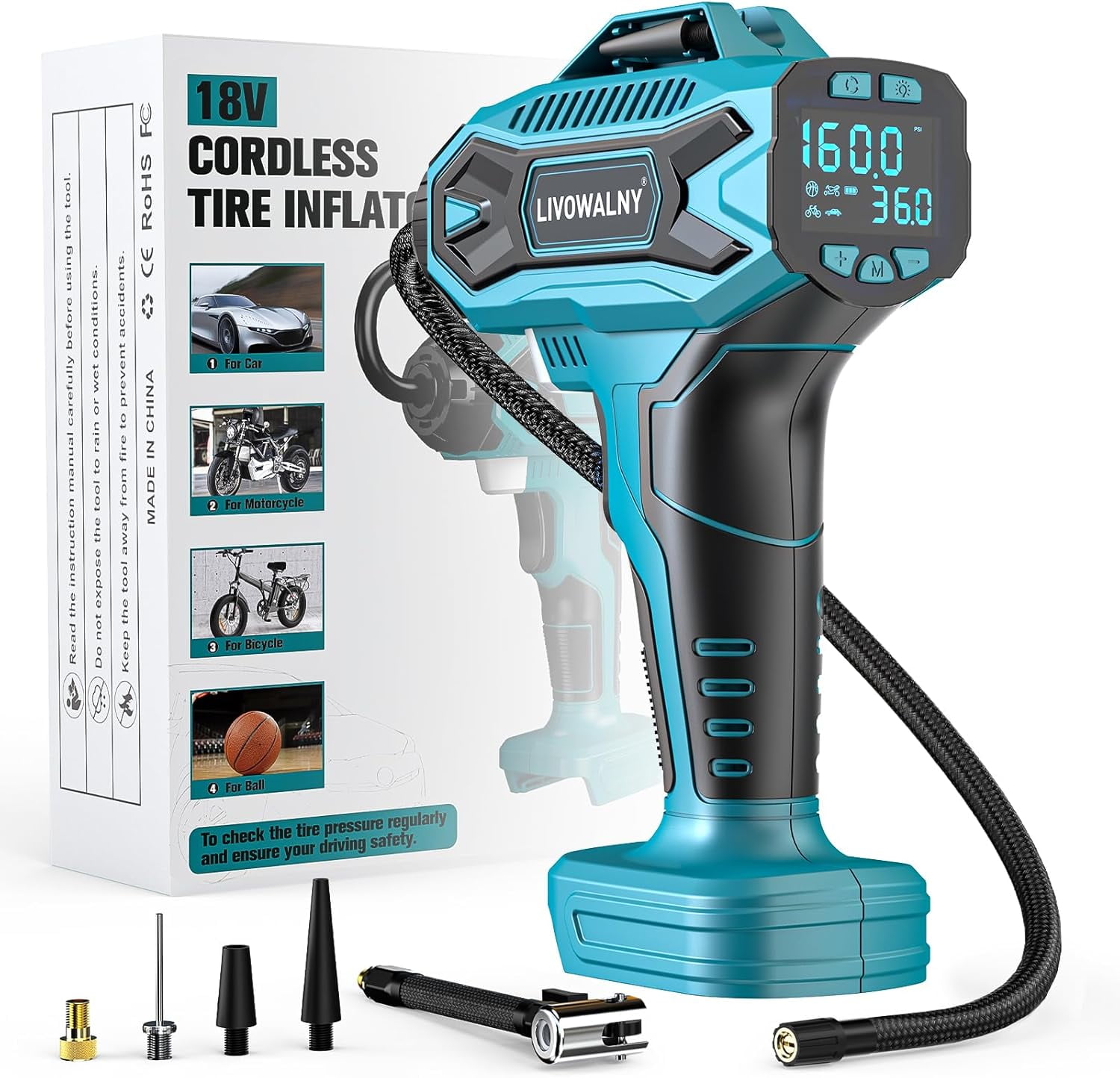 Tire Inflator Air Compressor Compatible with Makita 18V Battery, 160 PSI Cordless Portable ...