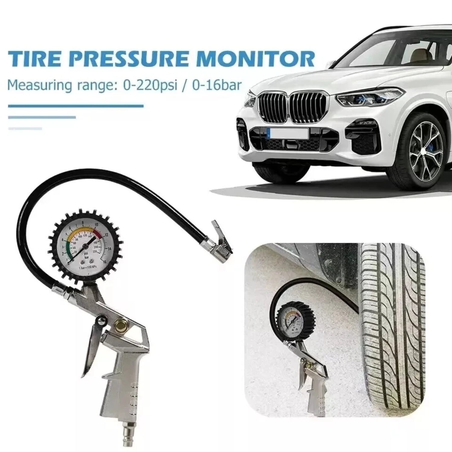 Tire Inflator Gauge – 220PSI Digital Air Pressure Tester with 14" Hose ...