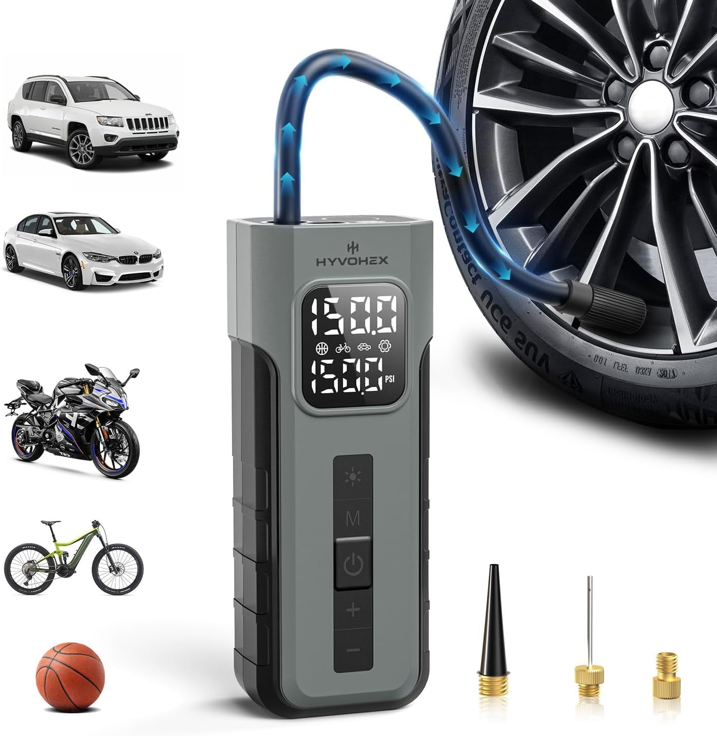 Tire Inflator Portable Air Compressor, 1 Min Fast Inflation Cordless Bike Pump with Digital ...