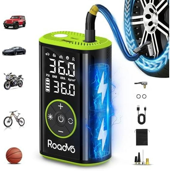 Tire Inflator Portable Air Compressor – 150 PSI Cordless Bicycle Pump with Pressure Gauge ...