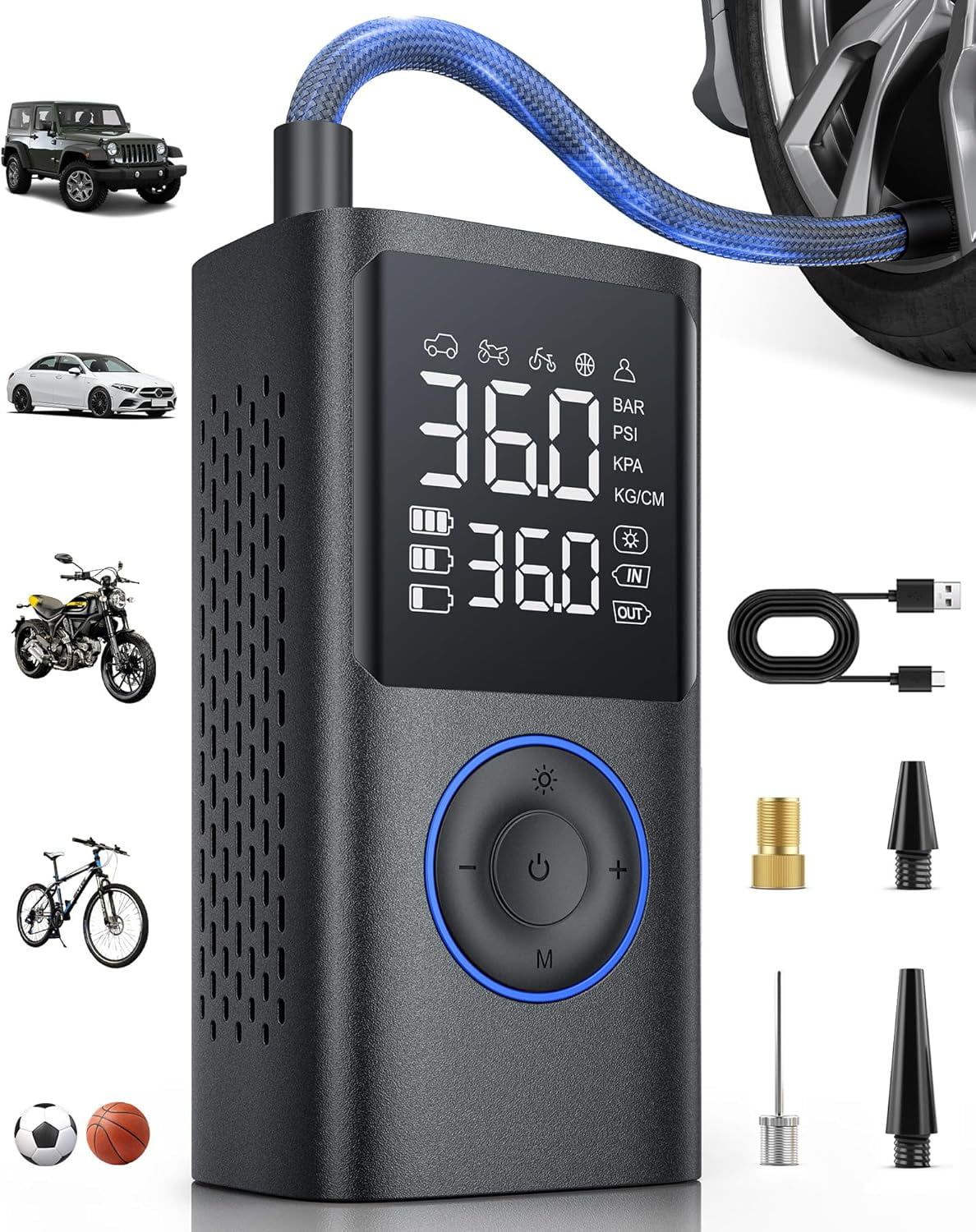 Tire Inflator Portable Air Compressor, 150 PSI Cordless Bike Pump, Air Pump for Auto, Motorcycle ...